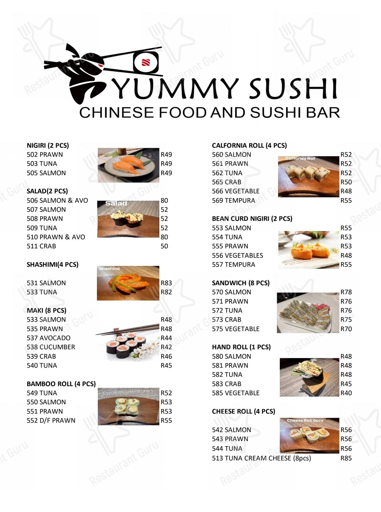 Menu at Yummy Sushi restaurant, Klerksdorp