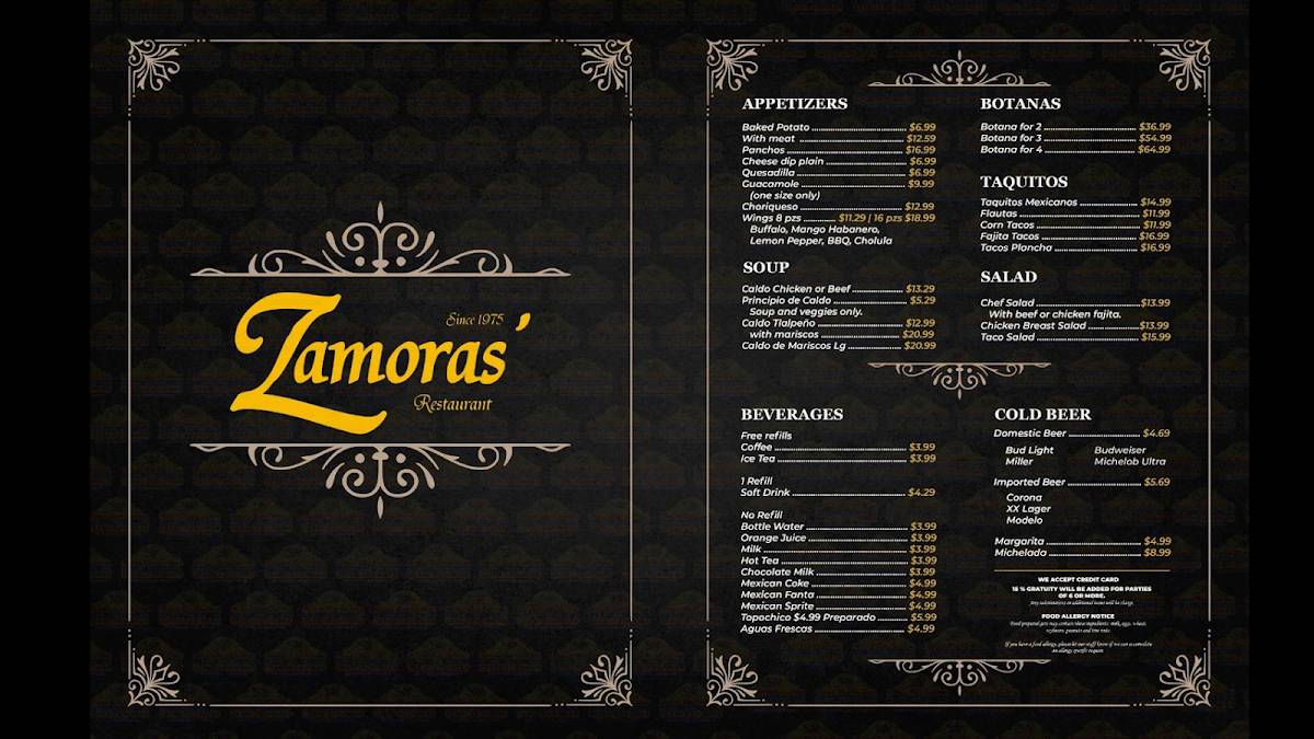 Menu at Zamoras' Restaurant #1, McAllen, N 23rd St