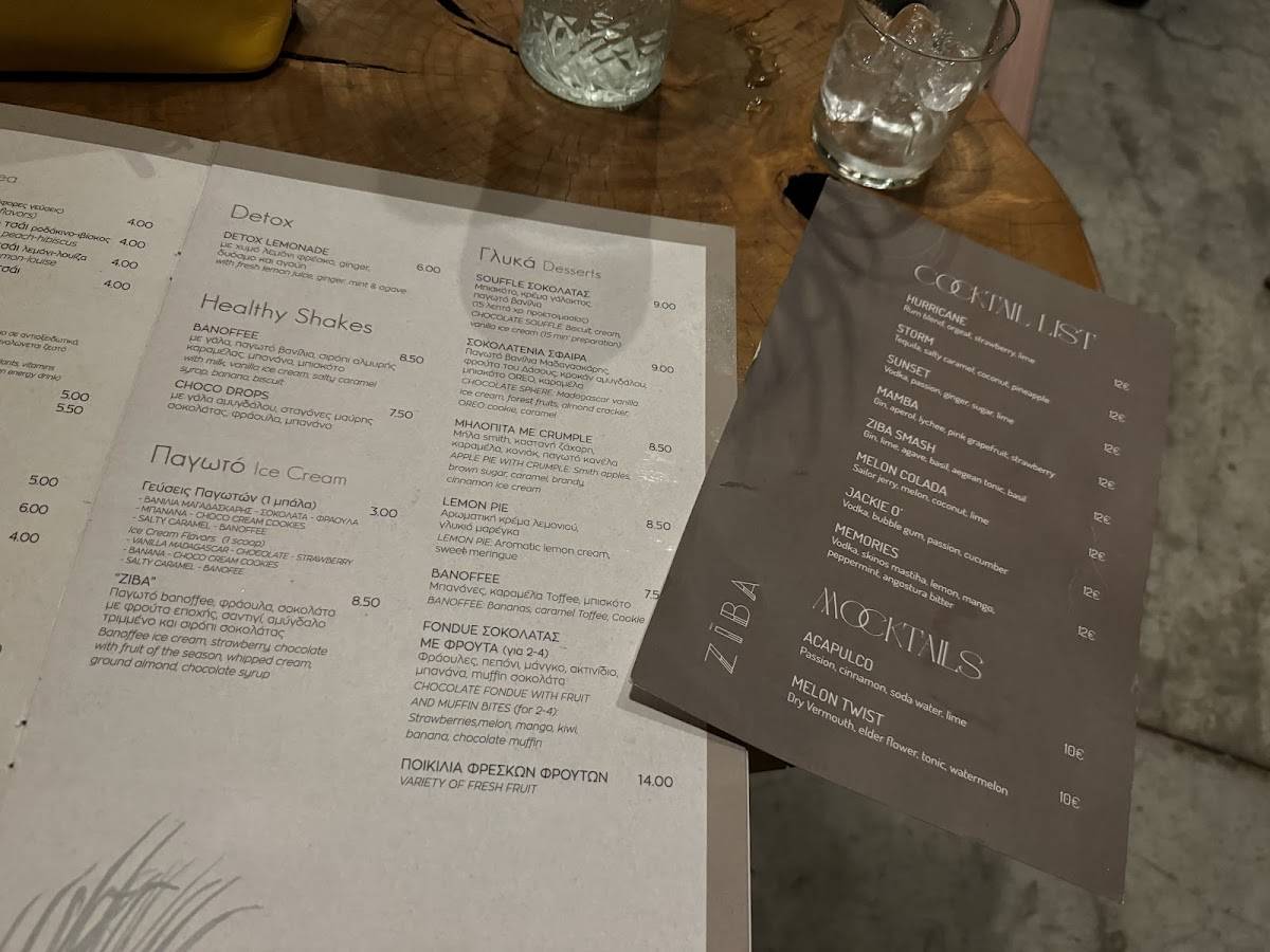 Menu at Ziba, Porto Rafti