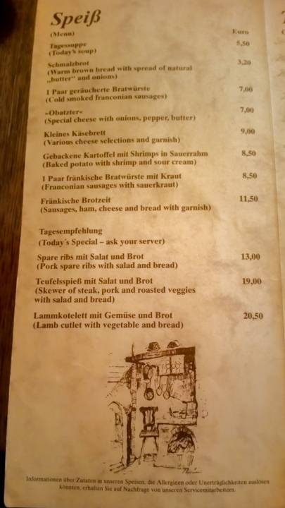 Menu at Zur Hoell restaurant, Rothenburg ob der Tauber