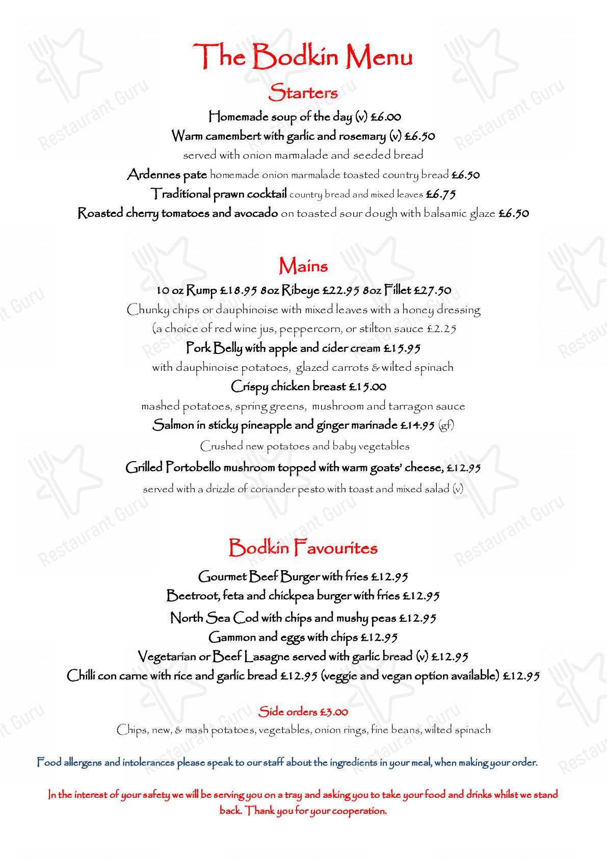 Menu at Bodkin House Hotel pub & bar, Hawkesbury