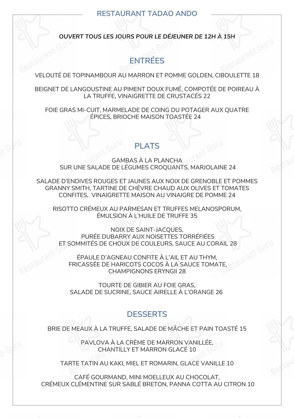 Menu au Restaurant de Tadao Ando, Le Puy-Sainte-Réparade