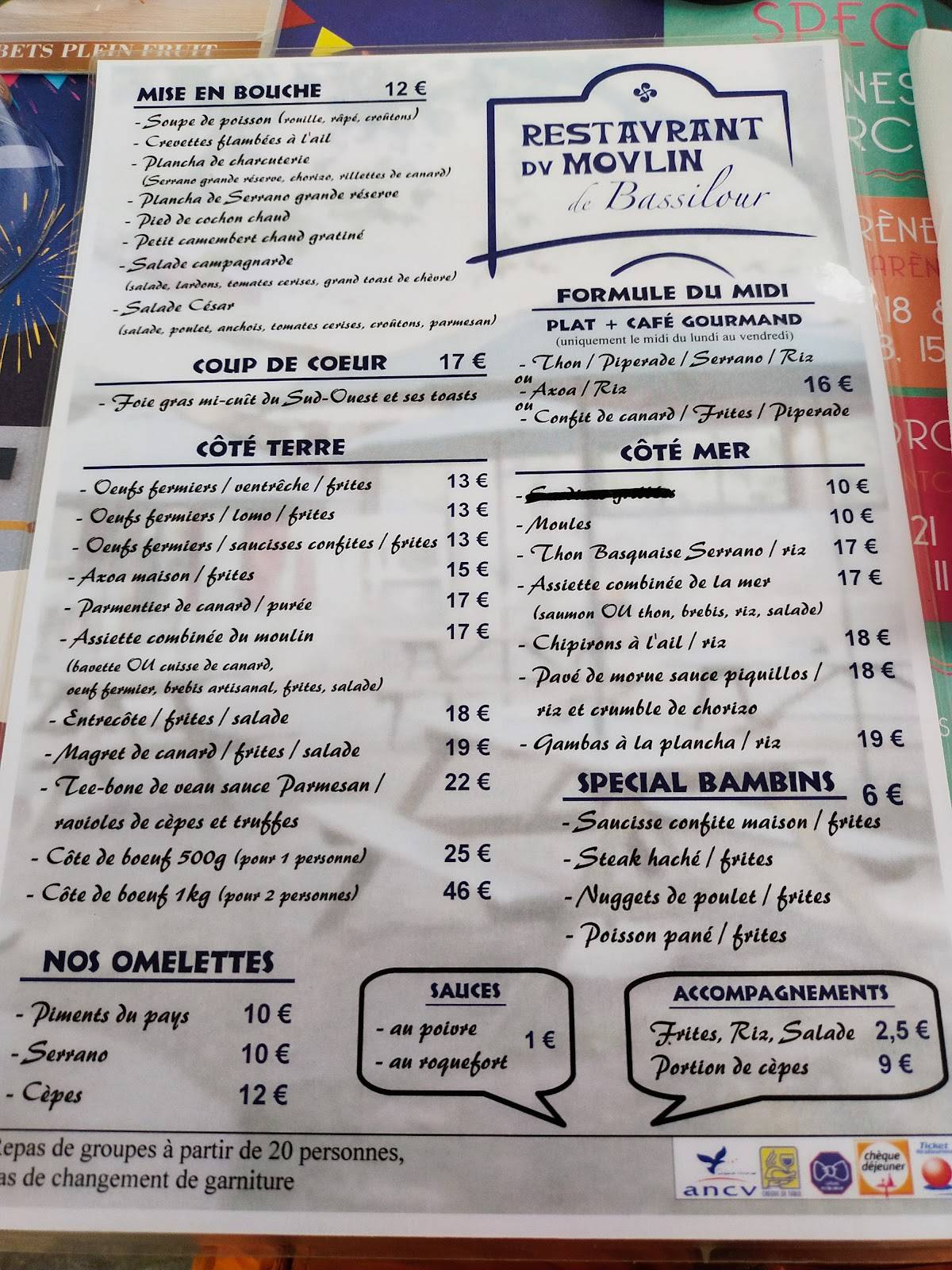 Menu au Restaurant du Moulin de Bassilour Bidart, Bidart
