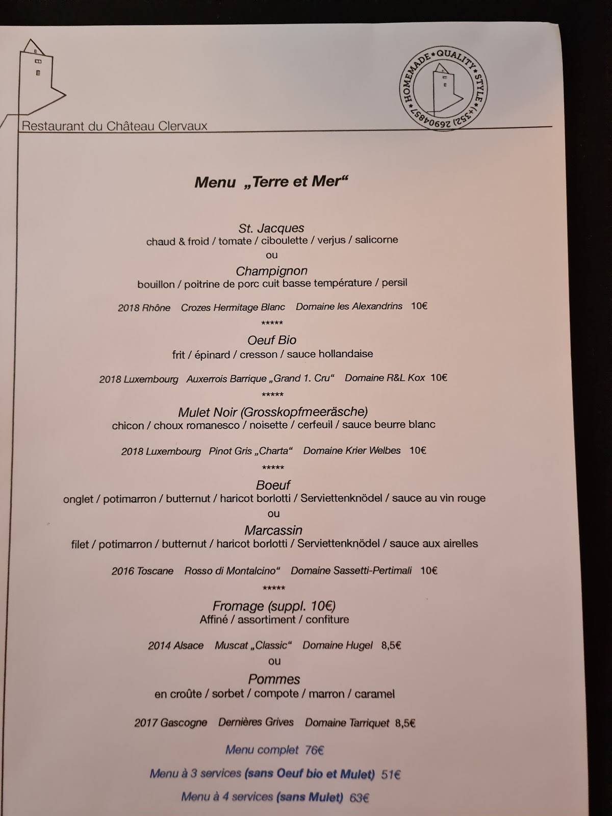 Menu au Restaurant du château, Clervaux