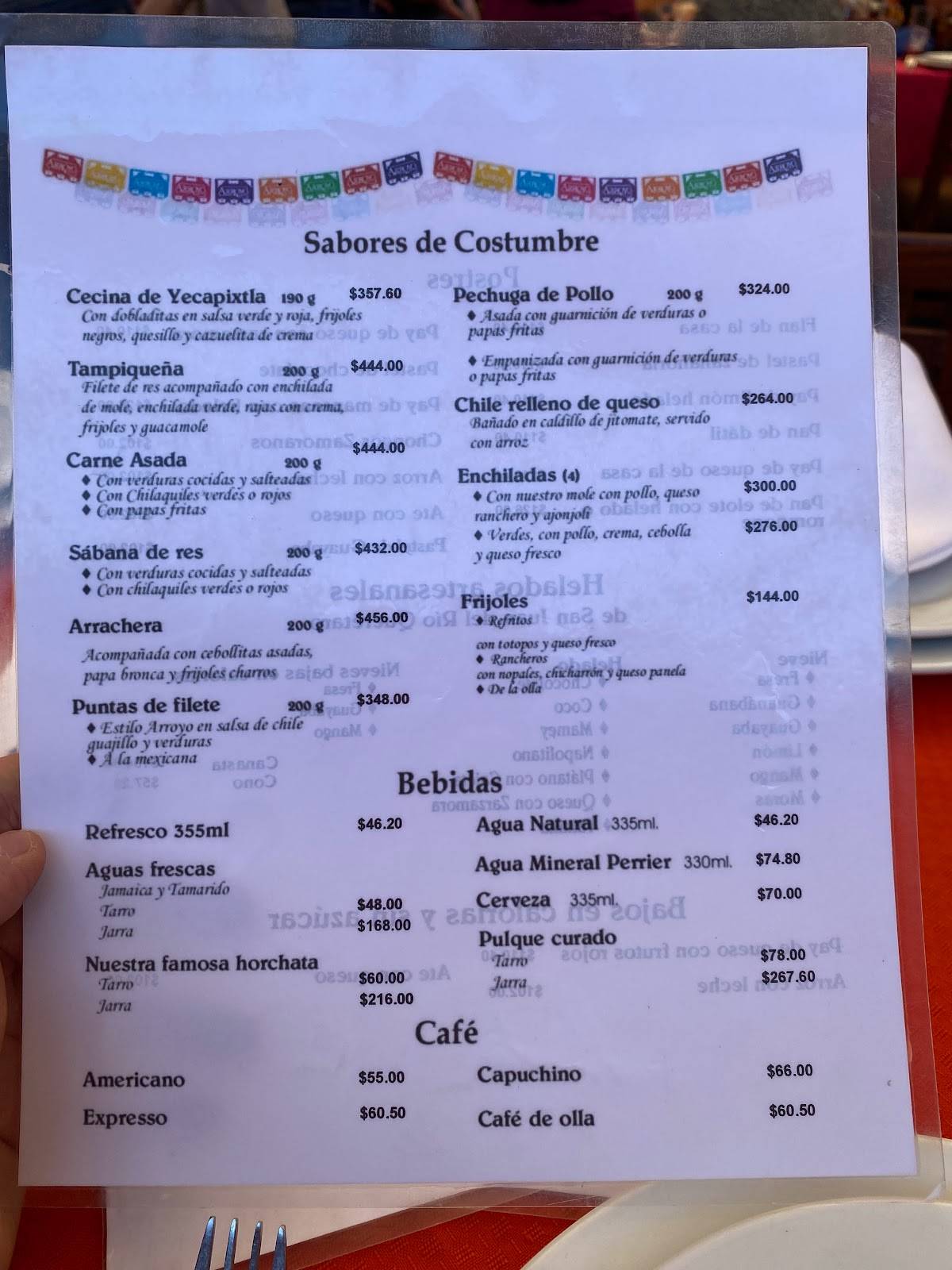 Carta de Arroyo Restaurante, Ciudad de México, Avenida Insurgentes Sur 4061