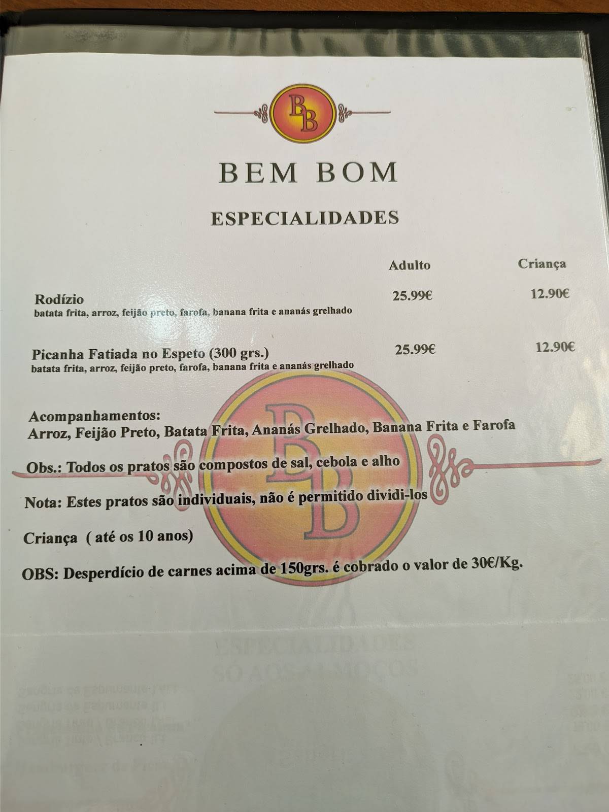 Menu at Restaurante Bem Bom, Quarteira, Av. Francisco Sá Carneiro 3