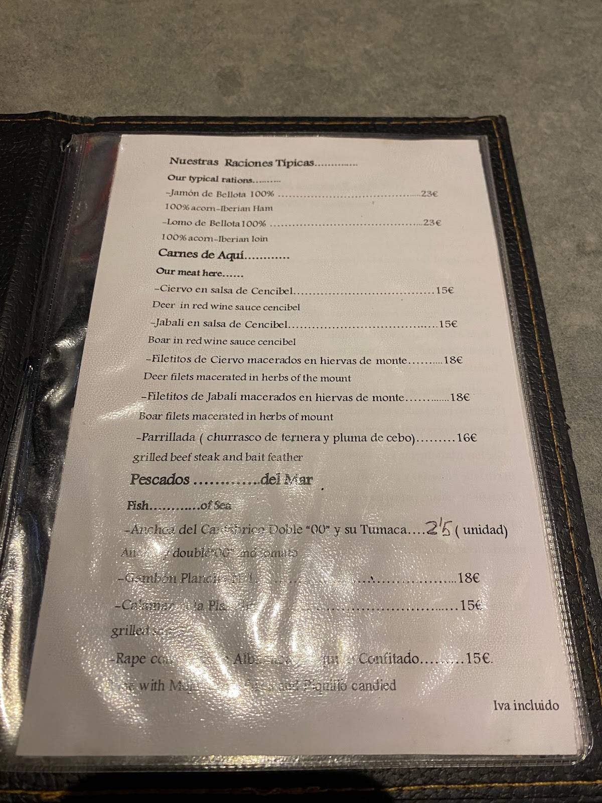 Carta del restaurante Rest. La Bodeguita -Casa La Tercia, Consuegra