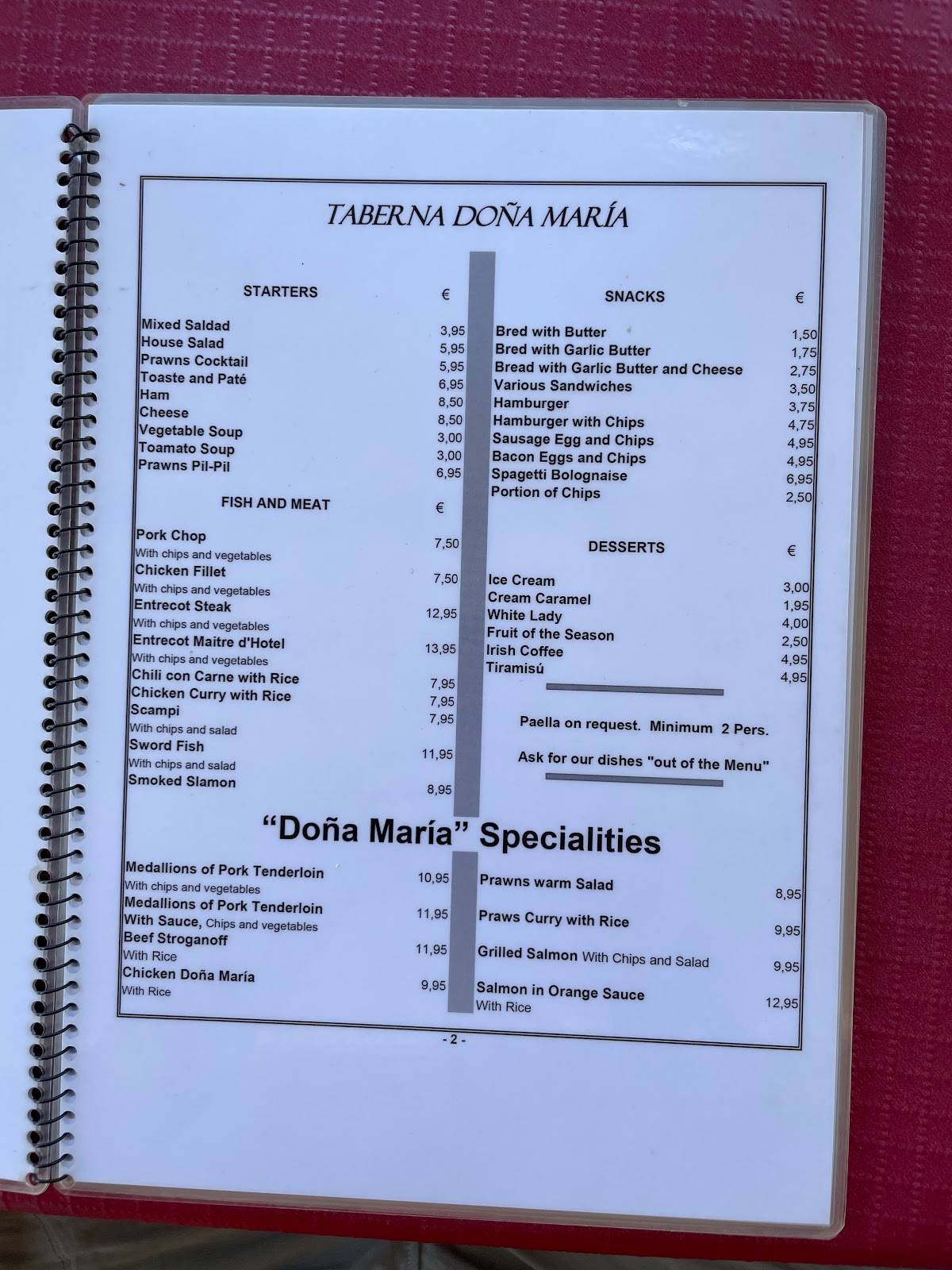 Menu at Restaurant Doña María, Las Lagunas de Mijas