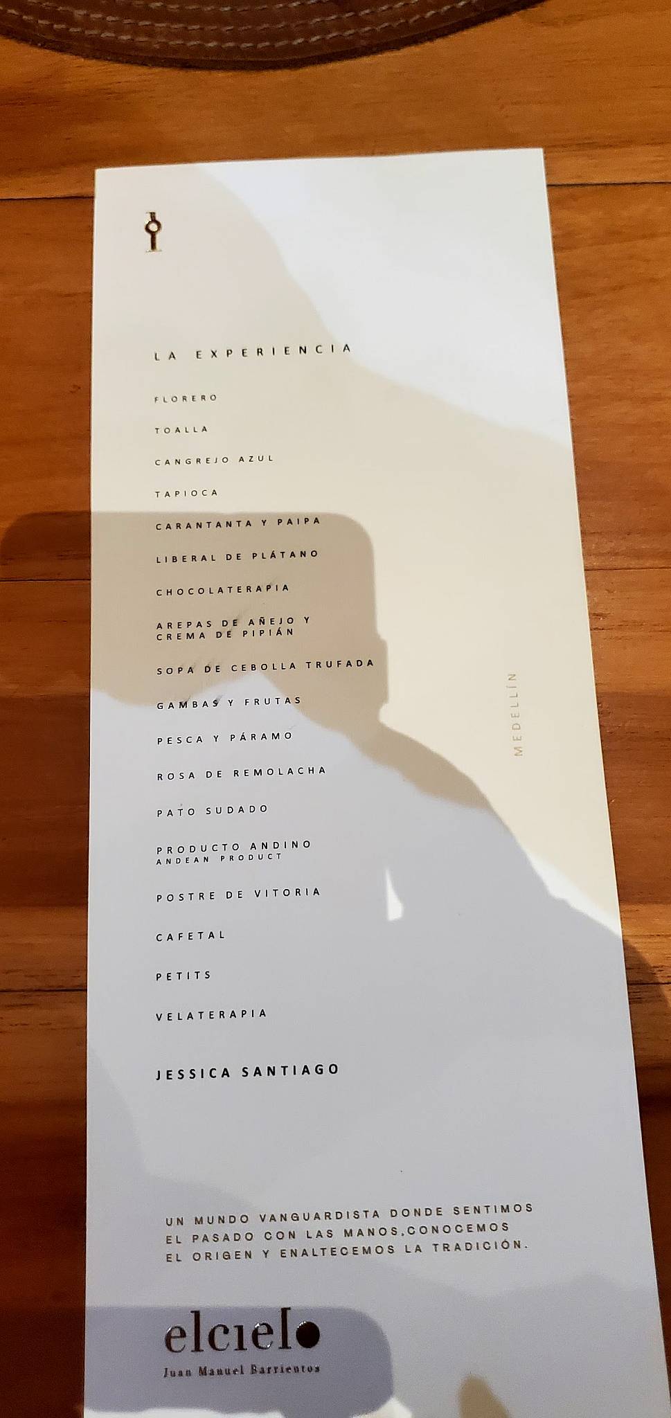 Menu at El Cielo restaurant, Medellín