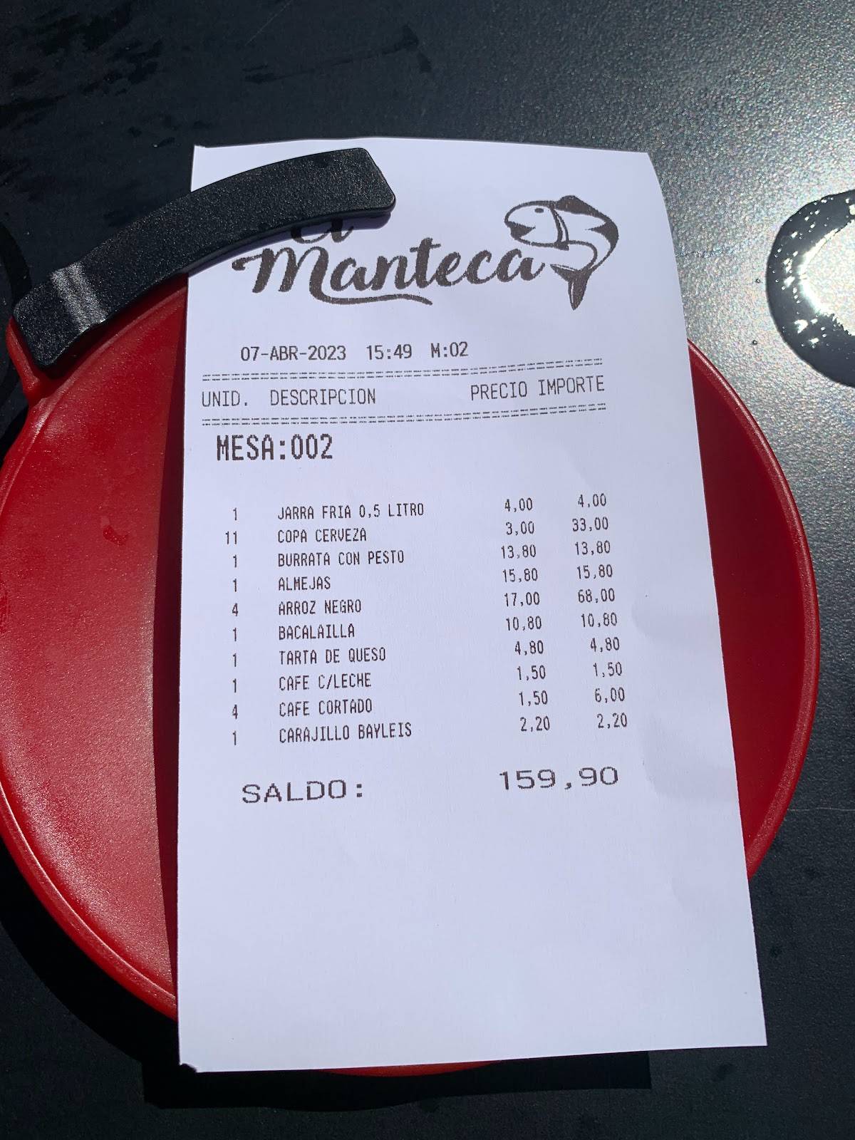 Carta de Restaurante El Manteca, Las Negras