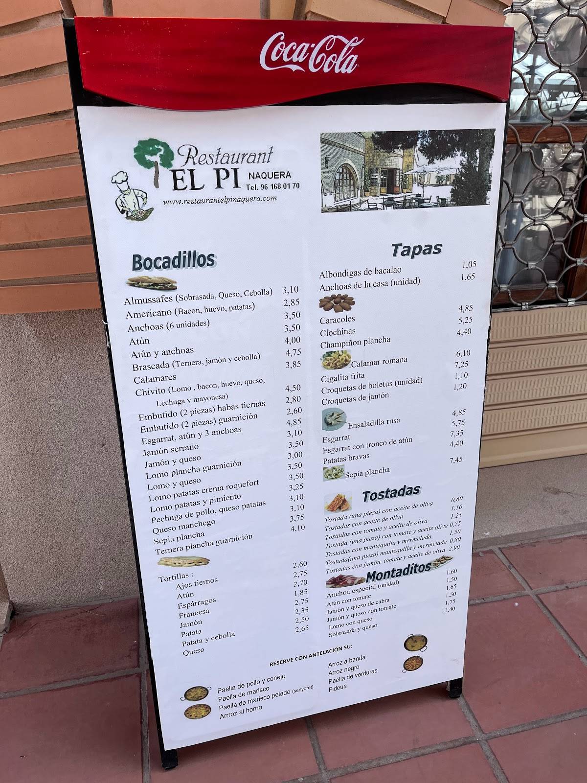 Carta de Restaurant El Pi, Nàquera, S-N