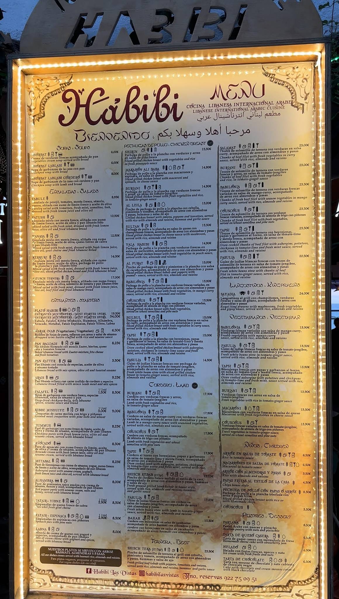 Menu at Restaurante Habibi, Los Cristianos