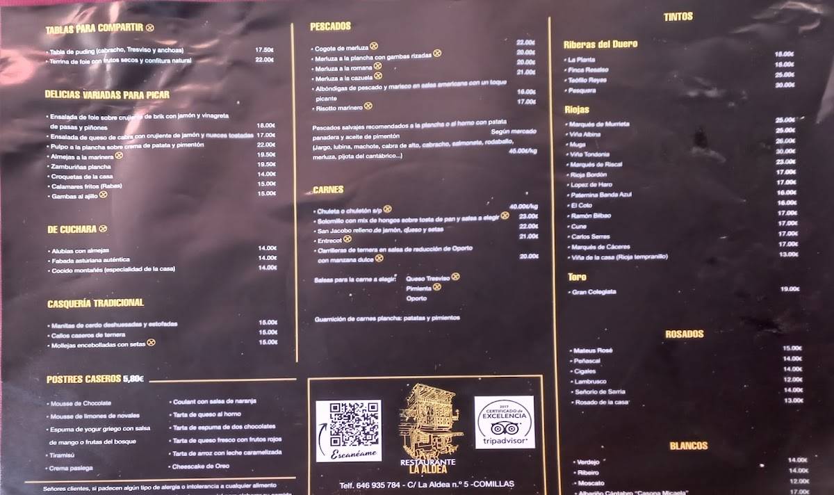 Carta de Restaurante La Aldea, Comillas