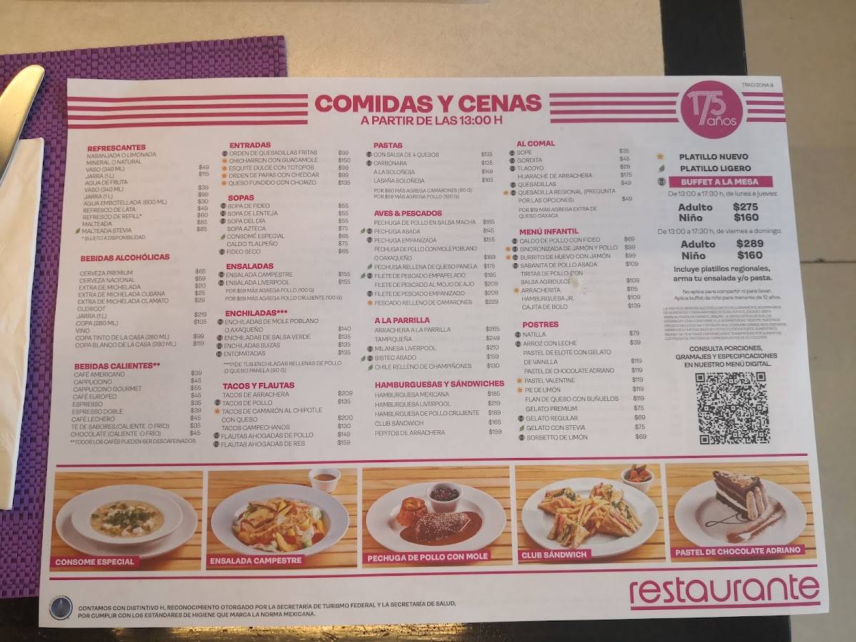 Carta de Restaurante Liverpool, La Paz