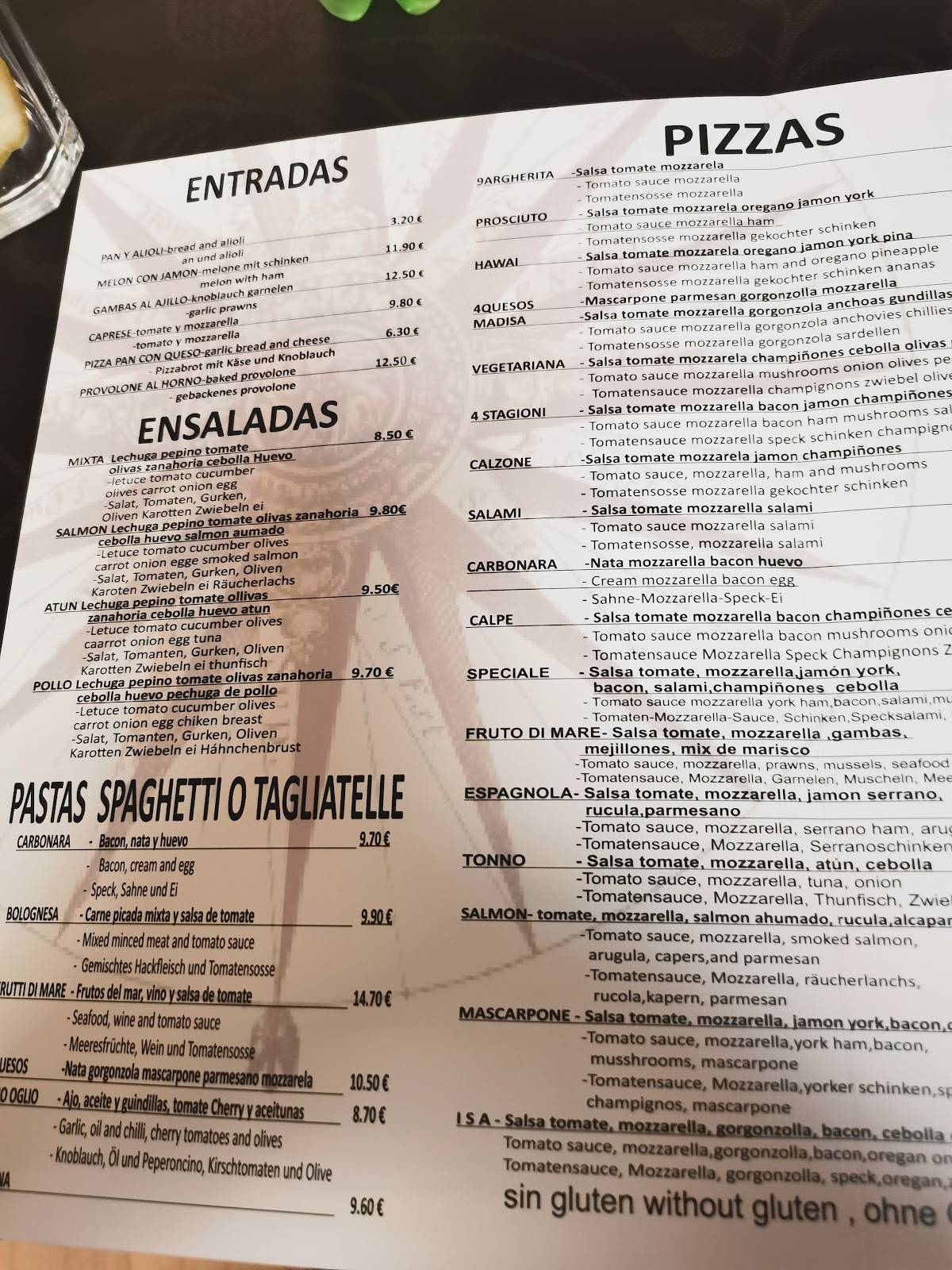 Menu at Calpe restaurant, Calp