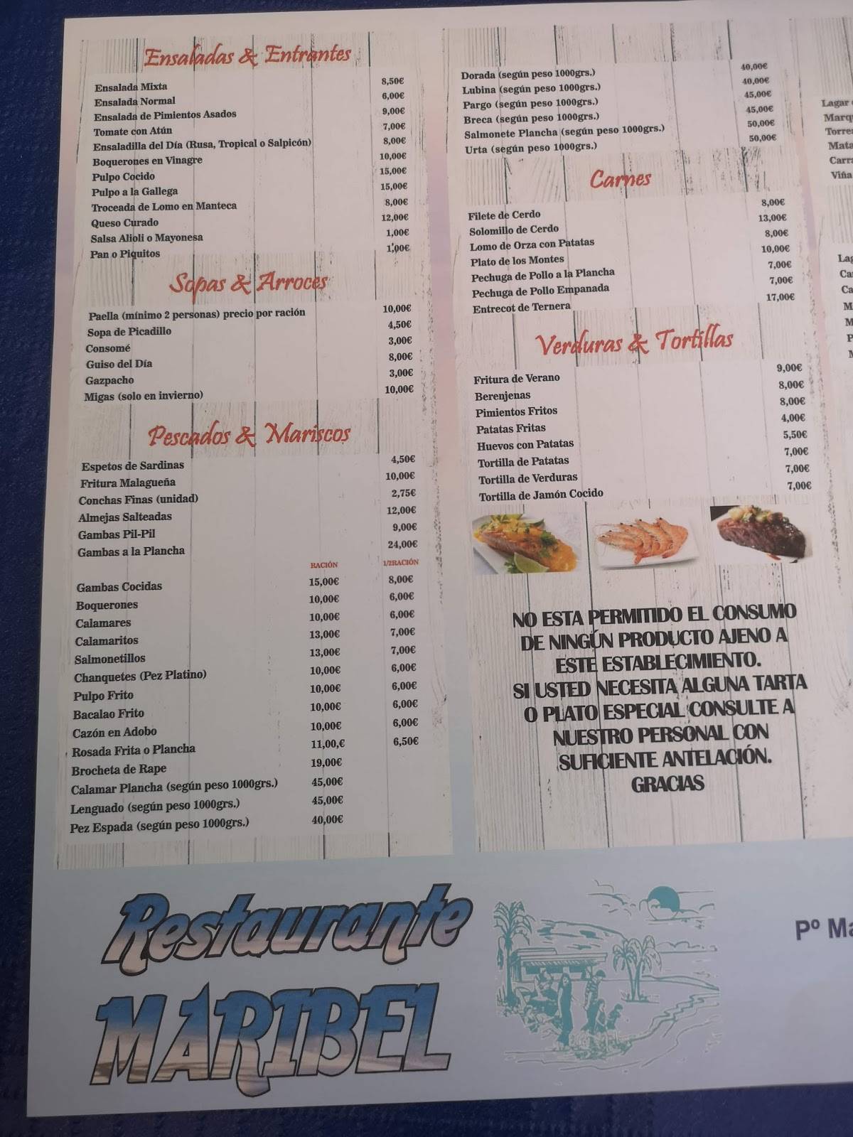 Carta de Restaurante Maribel, Rincón de la Victoria