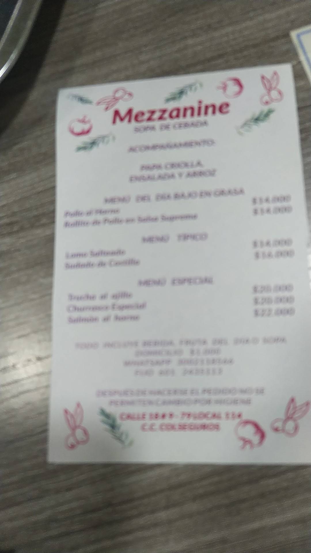 Carta de Restaurante Mezzanine, Bogotá