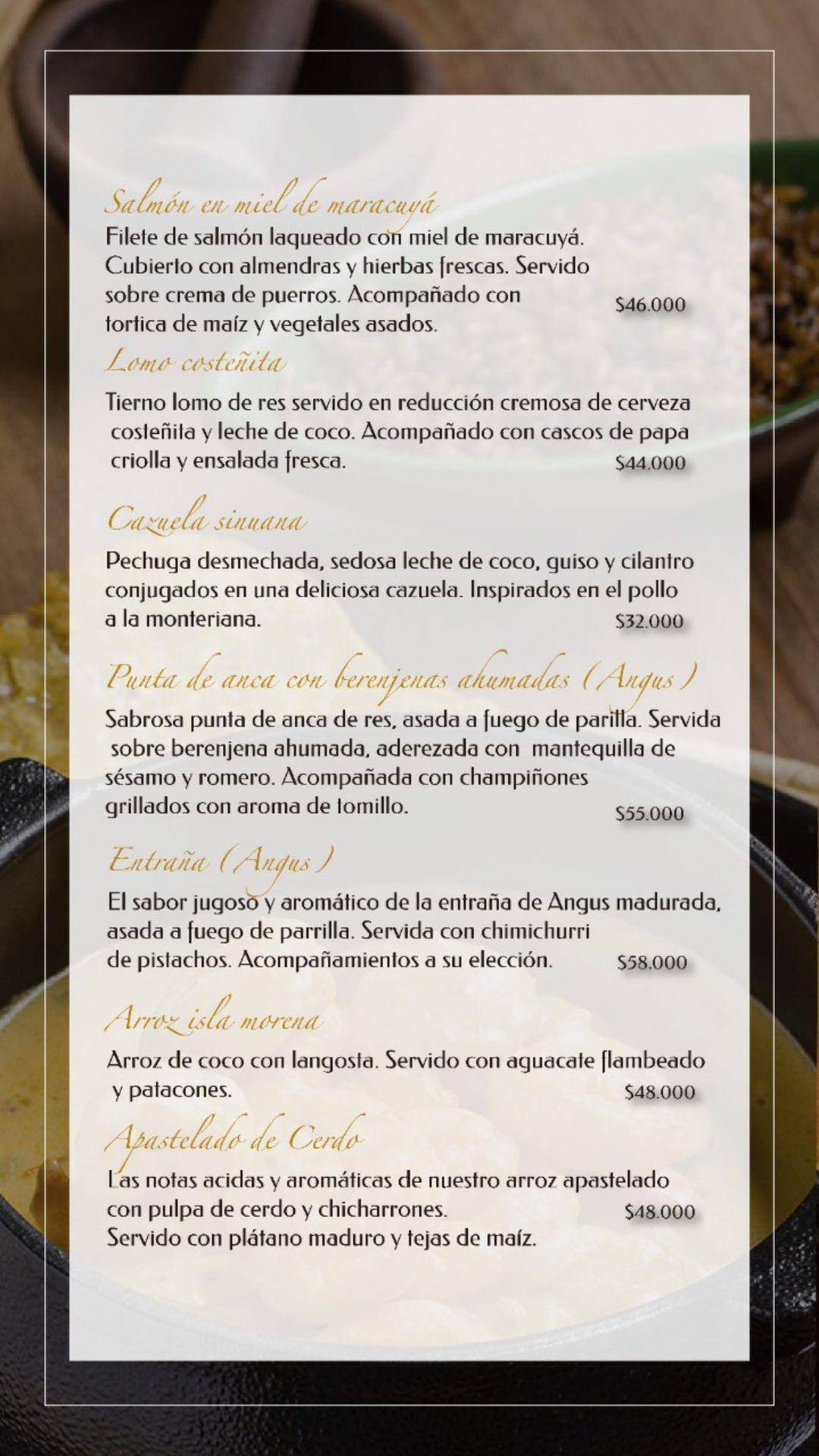 Carta de Restaurante Palo de Mango, Barranquilla