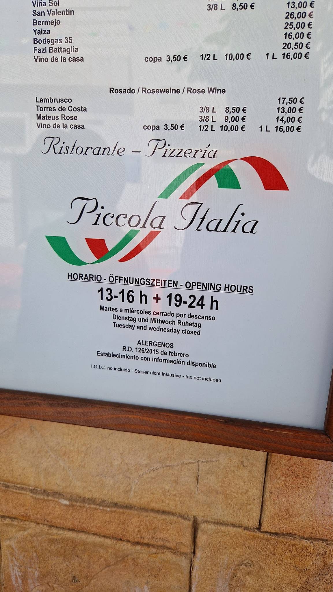 Carta de Restaurante Piccola Italia, Morro Jable
