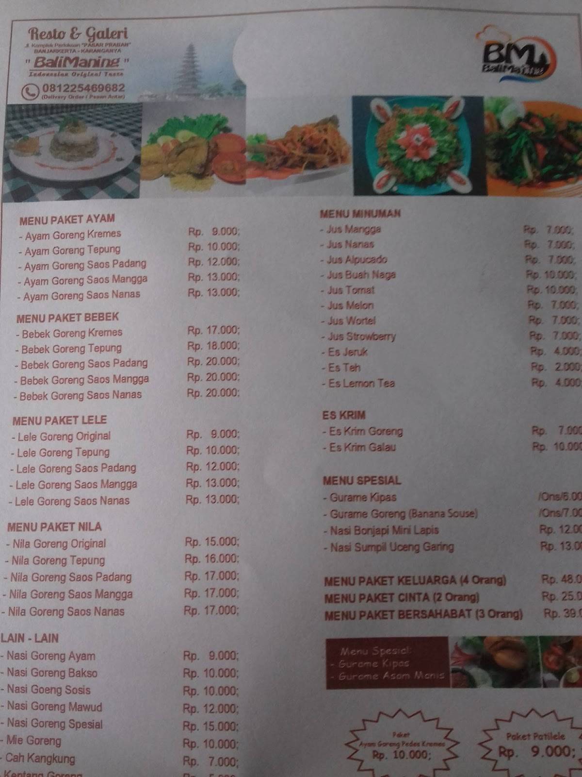Carta del restaurante Resto & Galeri " Bali Maning " Indonesia Original ...