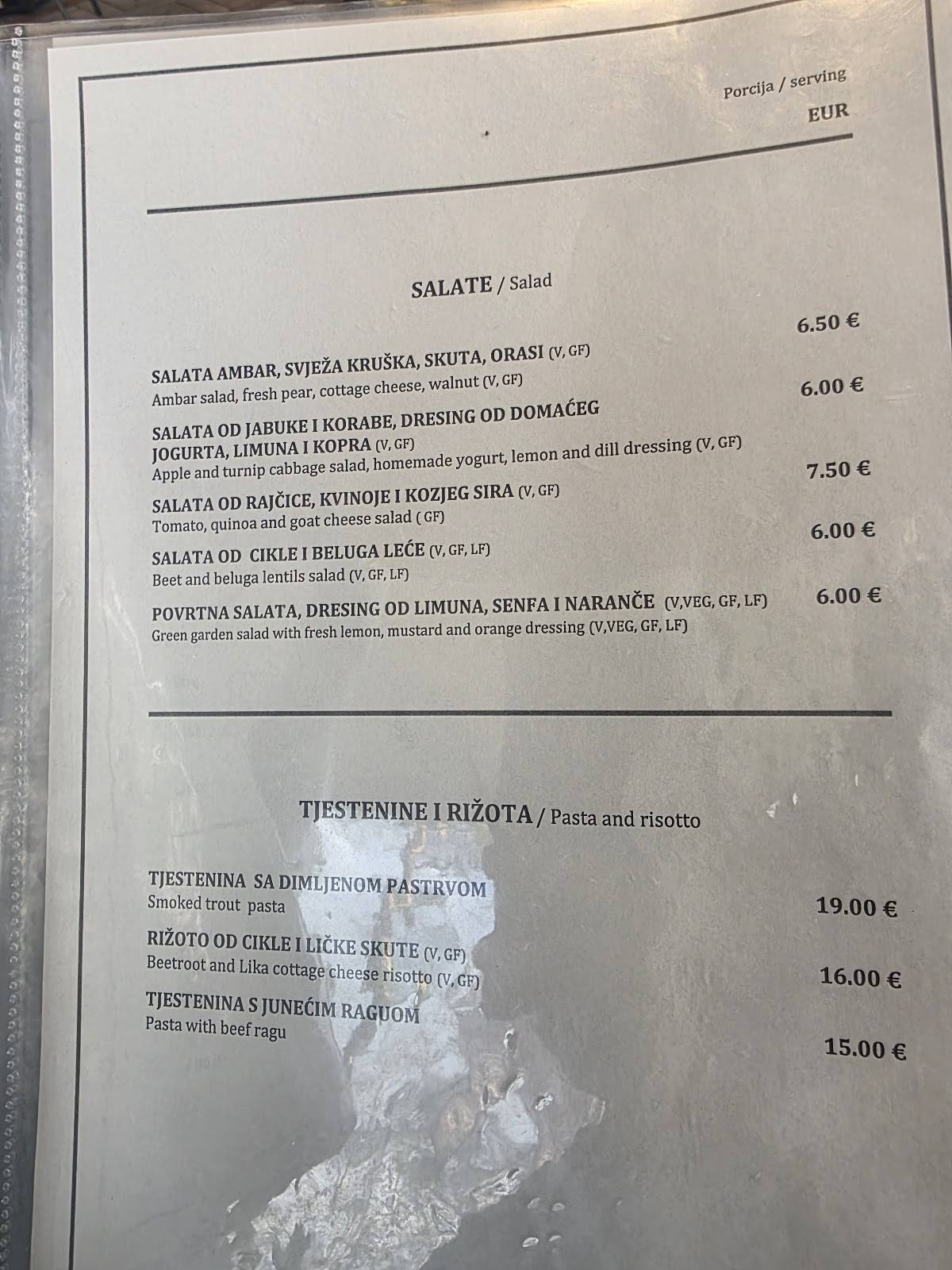 Menu at Restoran Ambar, Slunj