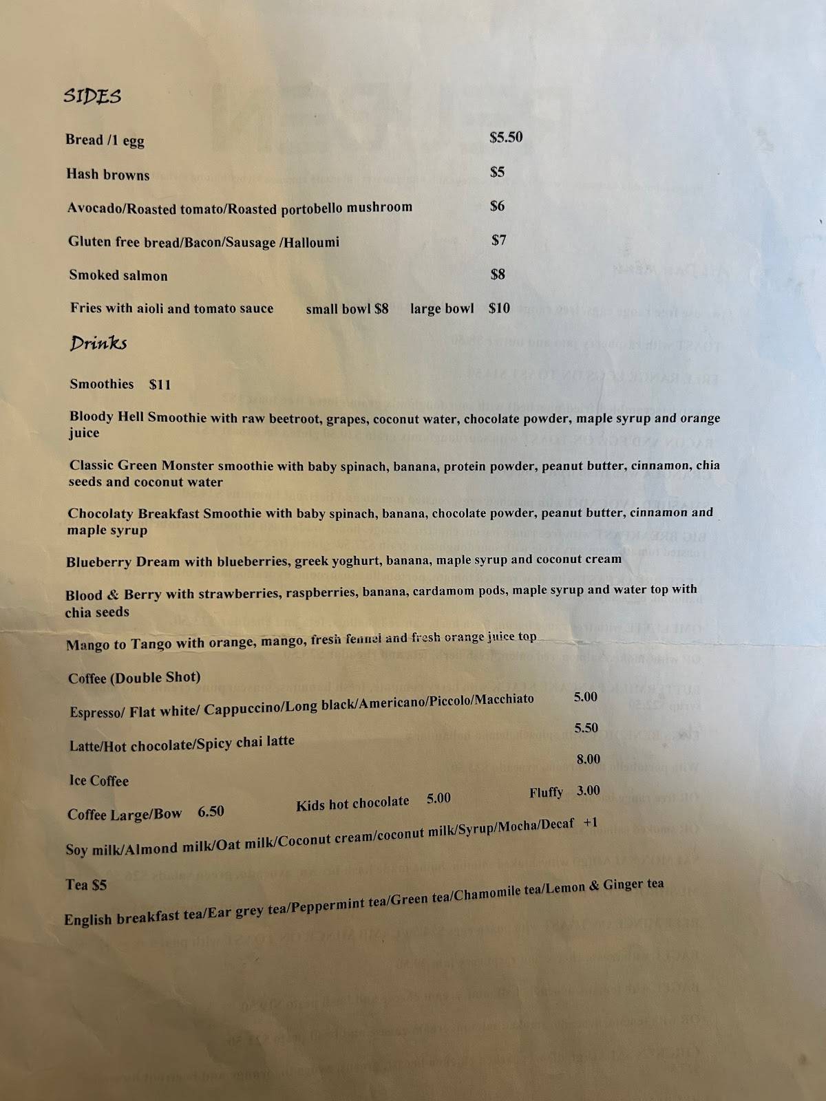 Menu at Reuben Cafe, Auckland, 229/231 Symonds St