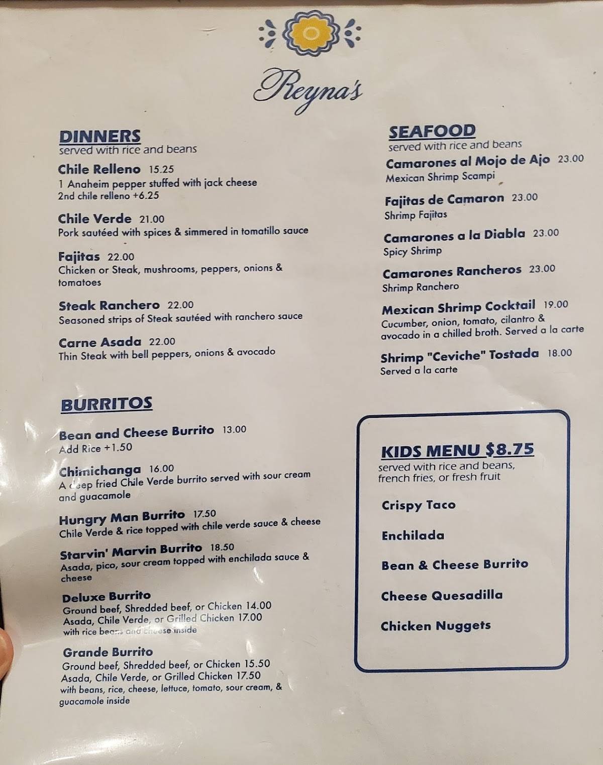 Menu at Reyna's Restaurant, Lemoore