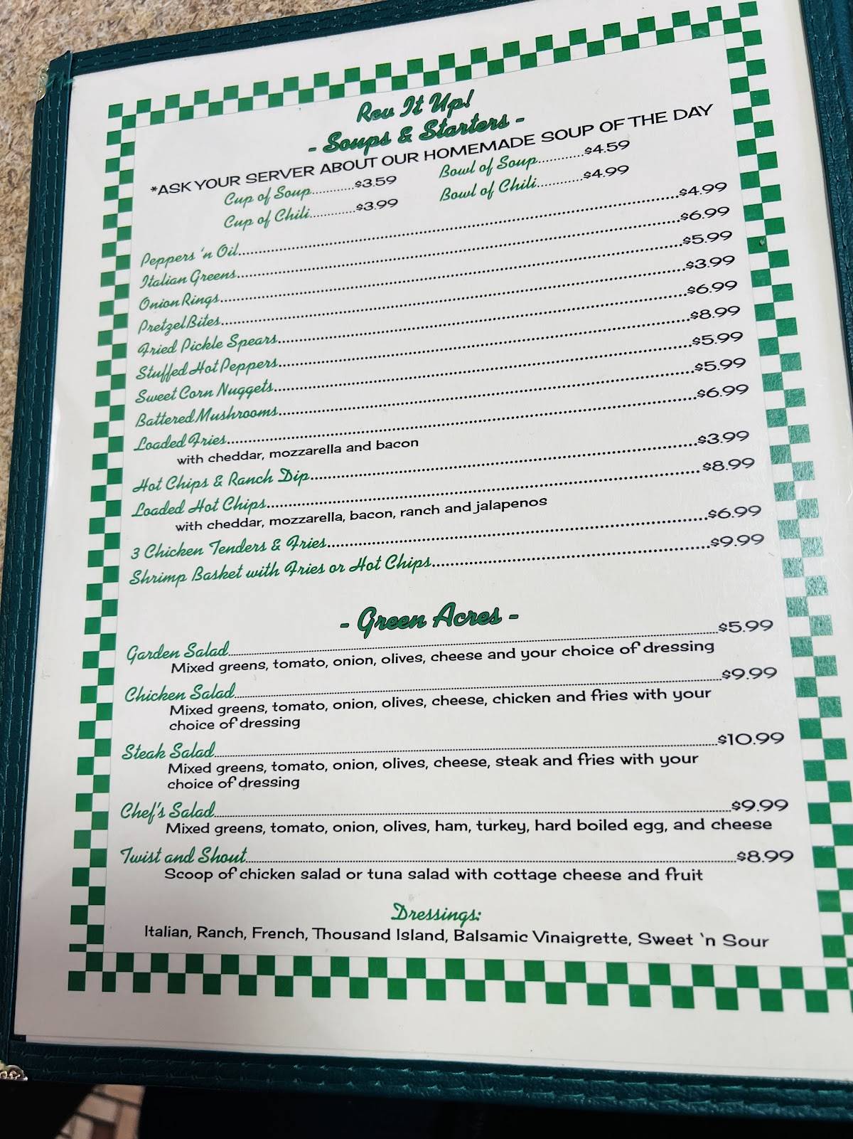 Menu at Rhonda's Emerald Diner restaurant, Hubbard, 825 N Main St