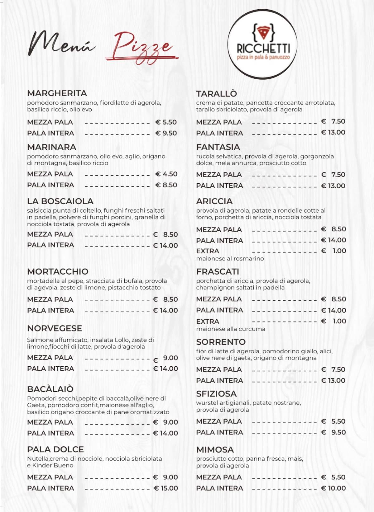 Menu da Ricchetti Pizza in pala ristorante, Portici, Via Gaetano Poli