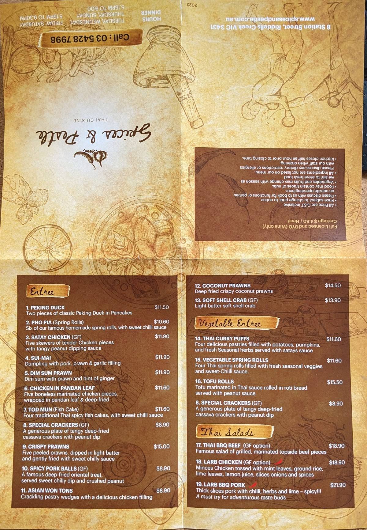Menu at Spices & Pestle restaurant, Riddells Creek