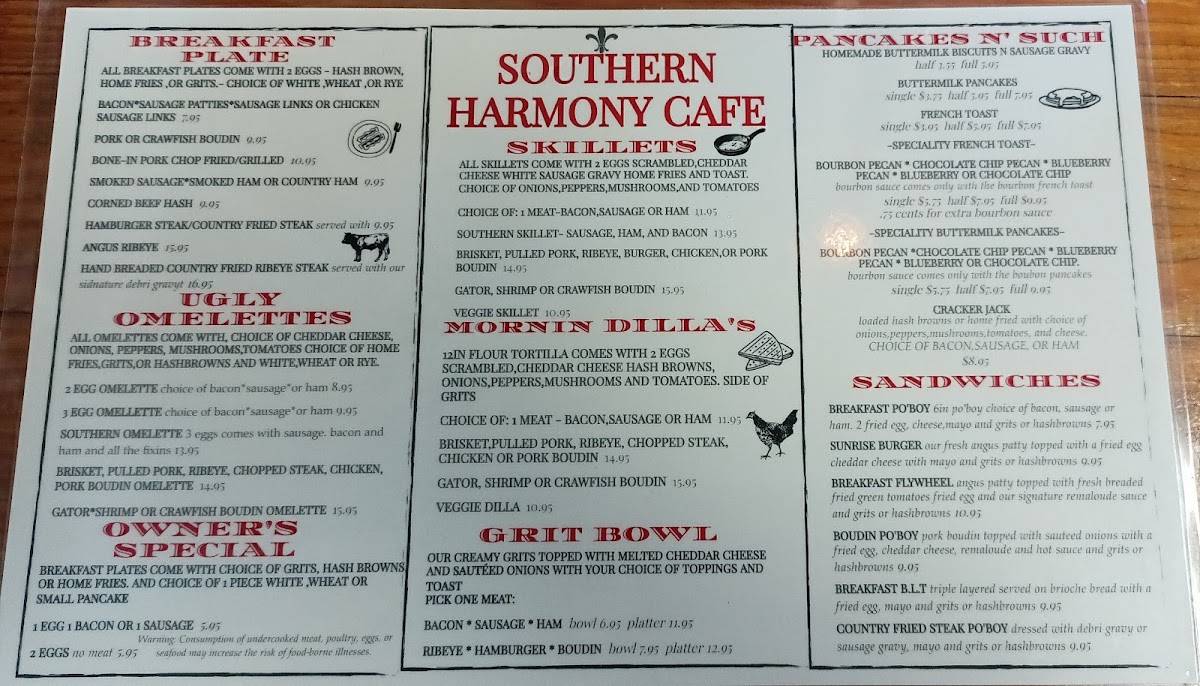 Menu at Southern Harmony Cafe, Ridge Manor