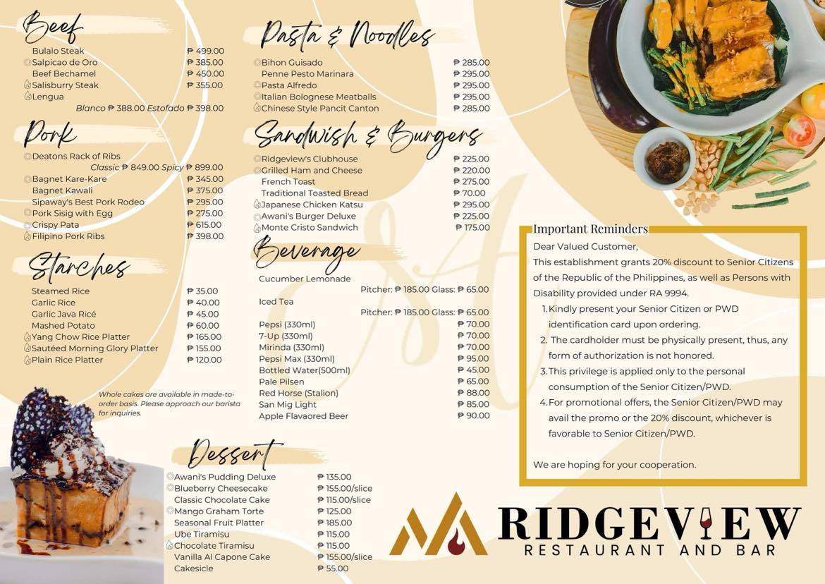Menu at Ridgeview Restaurant & Bar, San Carlos City