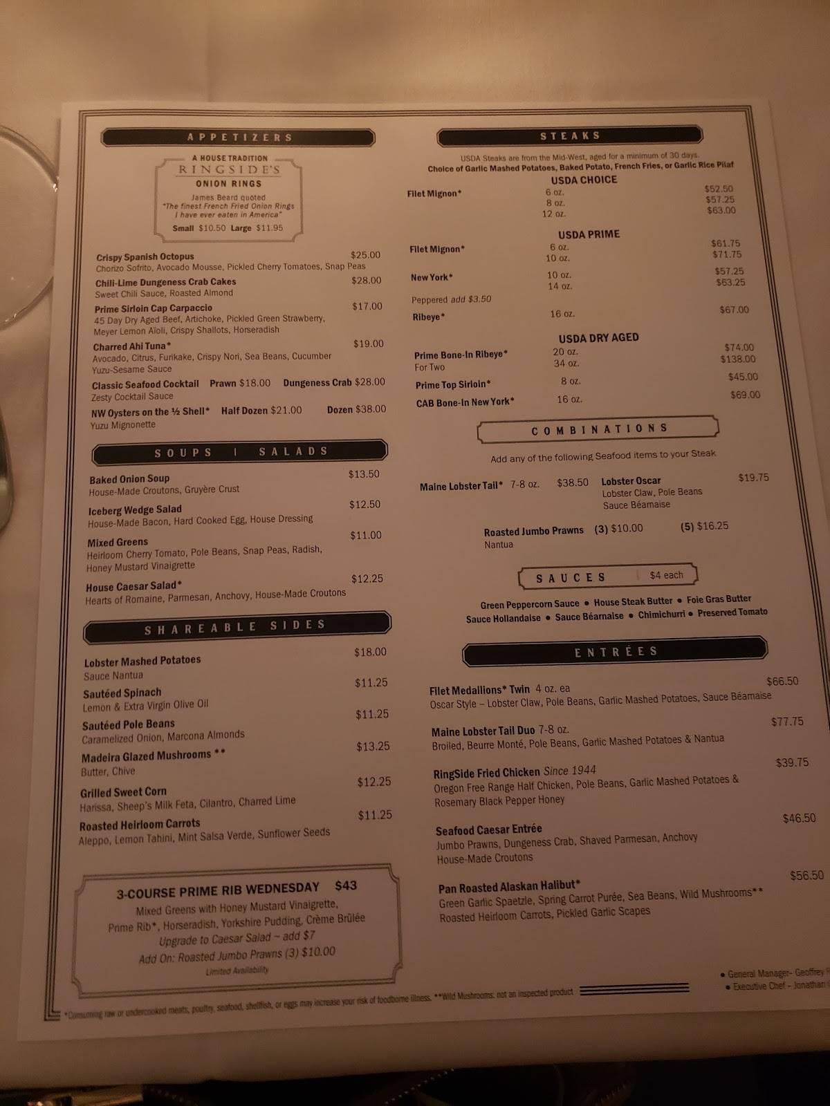 Menu at RingSide Steakhouse, Portland, W Burnside St