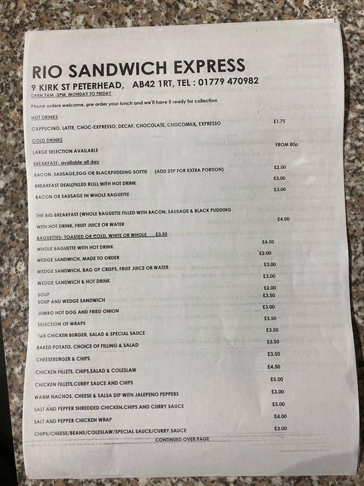 Menu at Rio Sandwich Express fast food, Peterhead