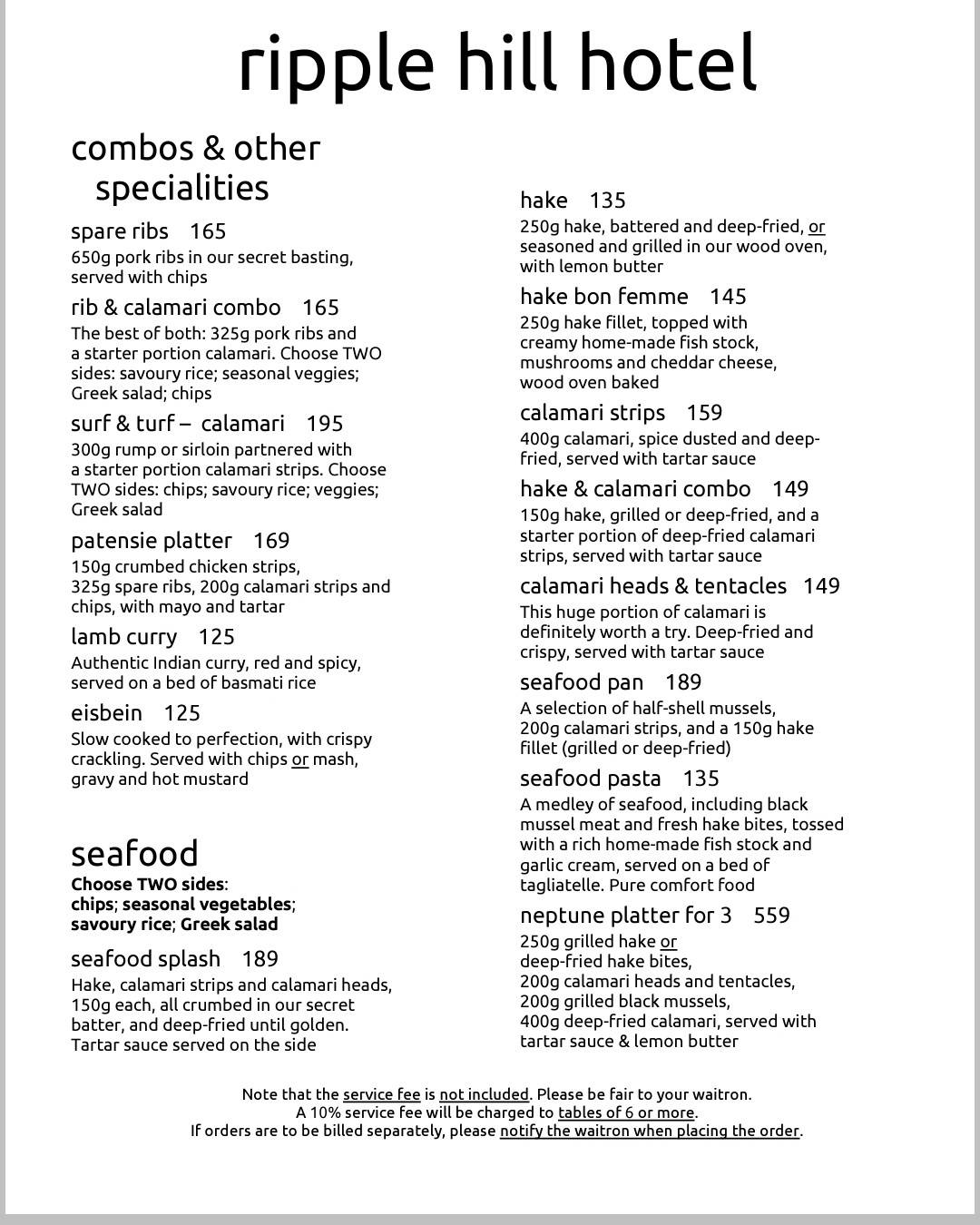 Menu at Ripple Hill Hotel restaurant, Patensie