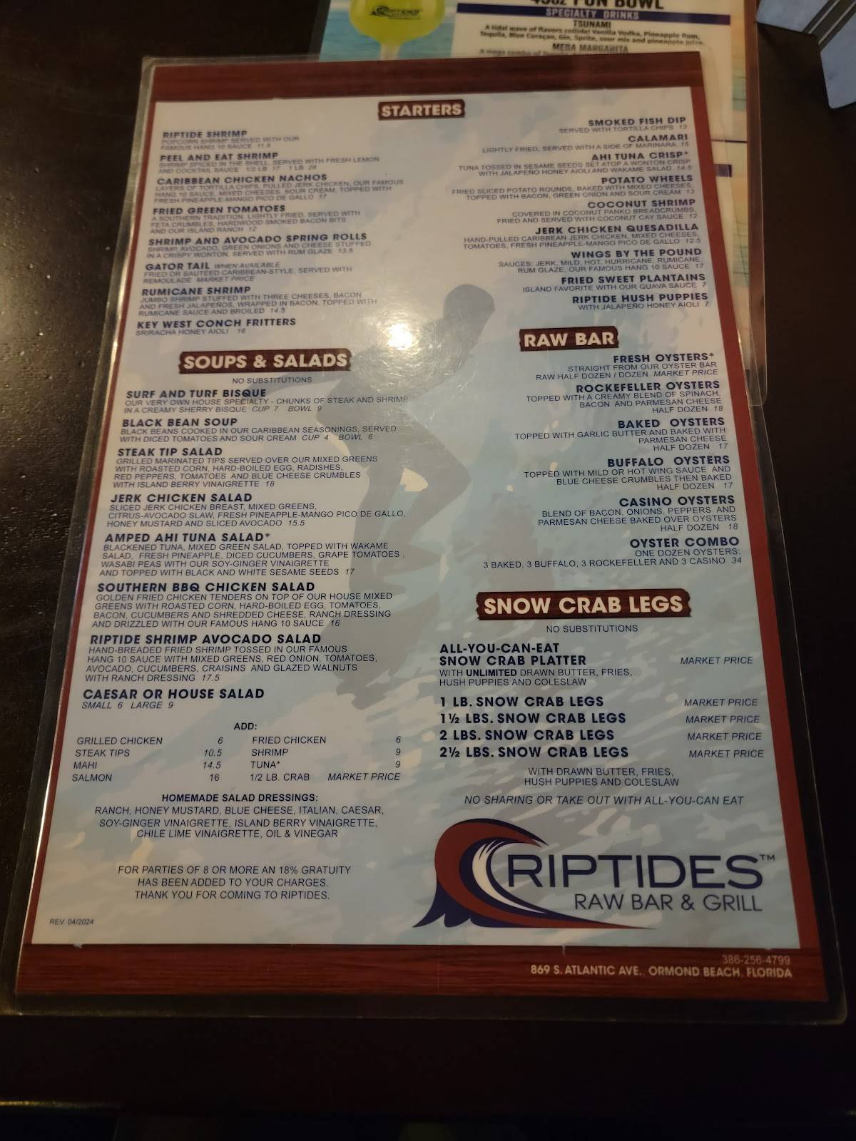 Menu at Riptides Raw Bar and Grill, Ormond Beach, 869 S Atlantic Ave