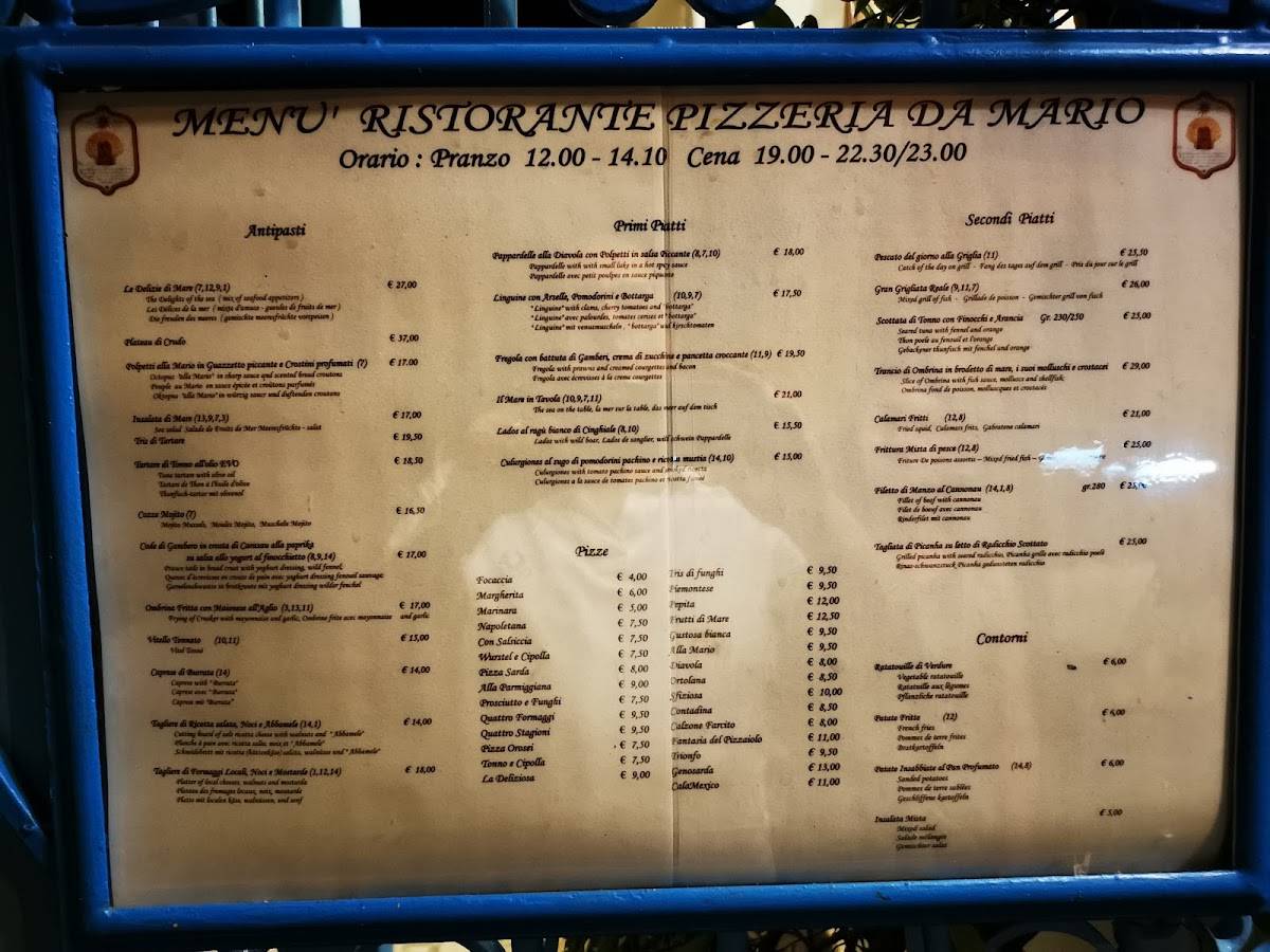 Menu au Ristorante Pizzeria da Mario, Orosei
