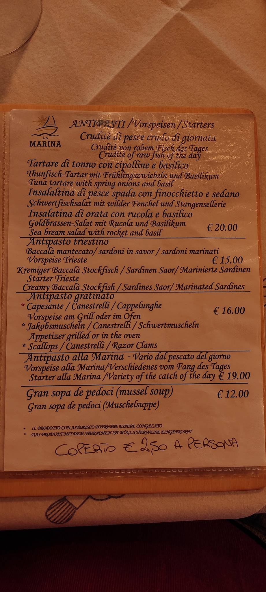 Menu da Ristorante Trattoria La Marina, Muggia