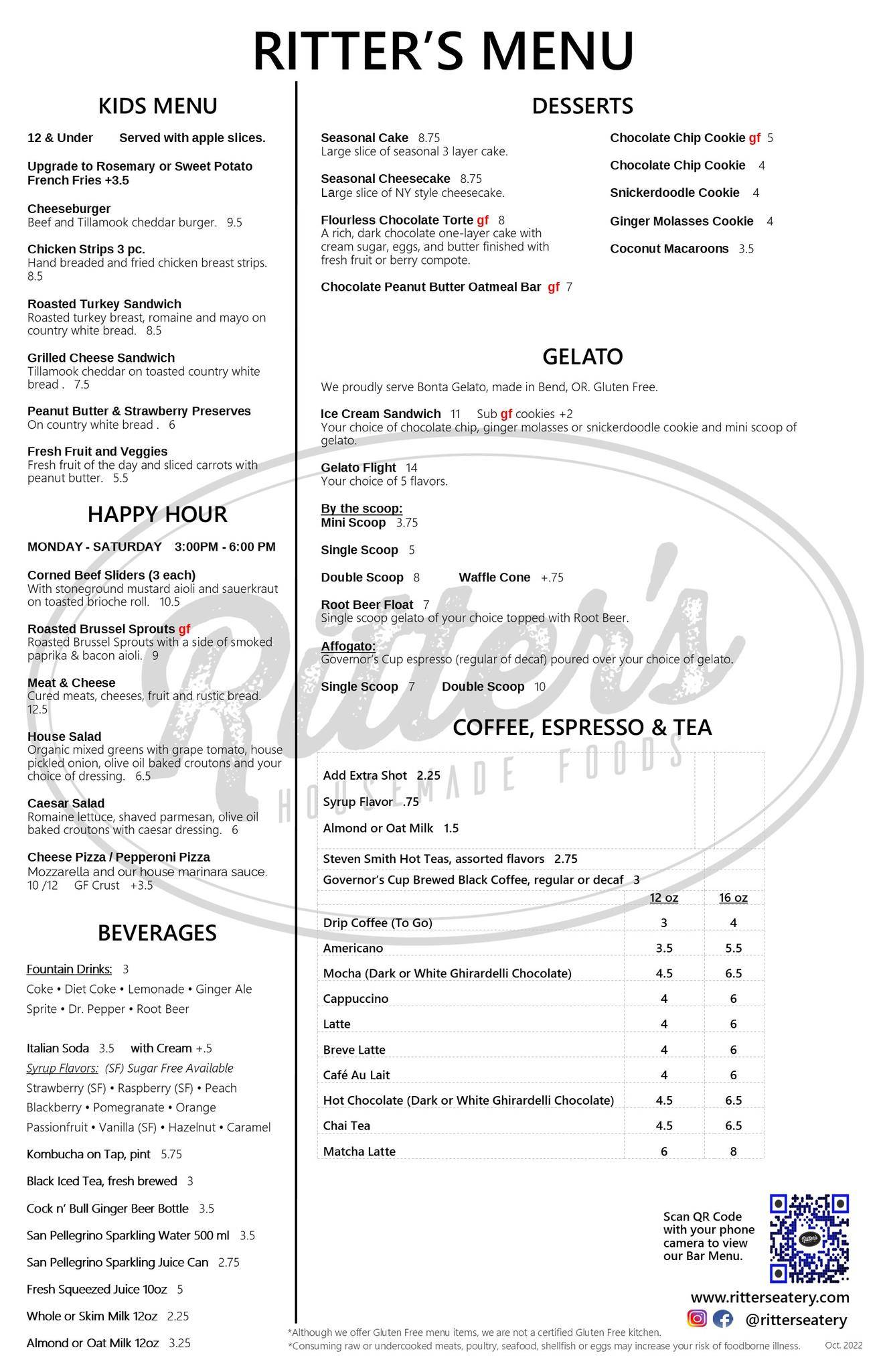 Menu at Ritter's Housemade Foods pub & bar, Salem