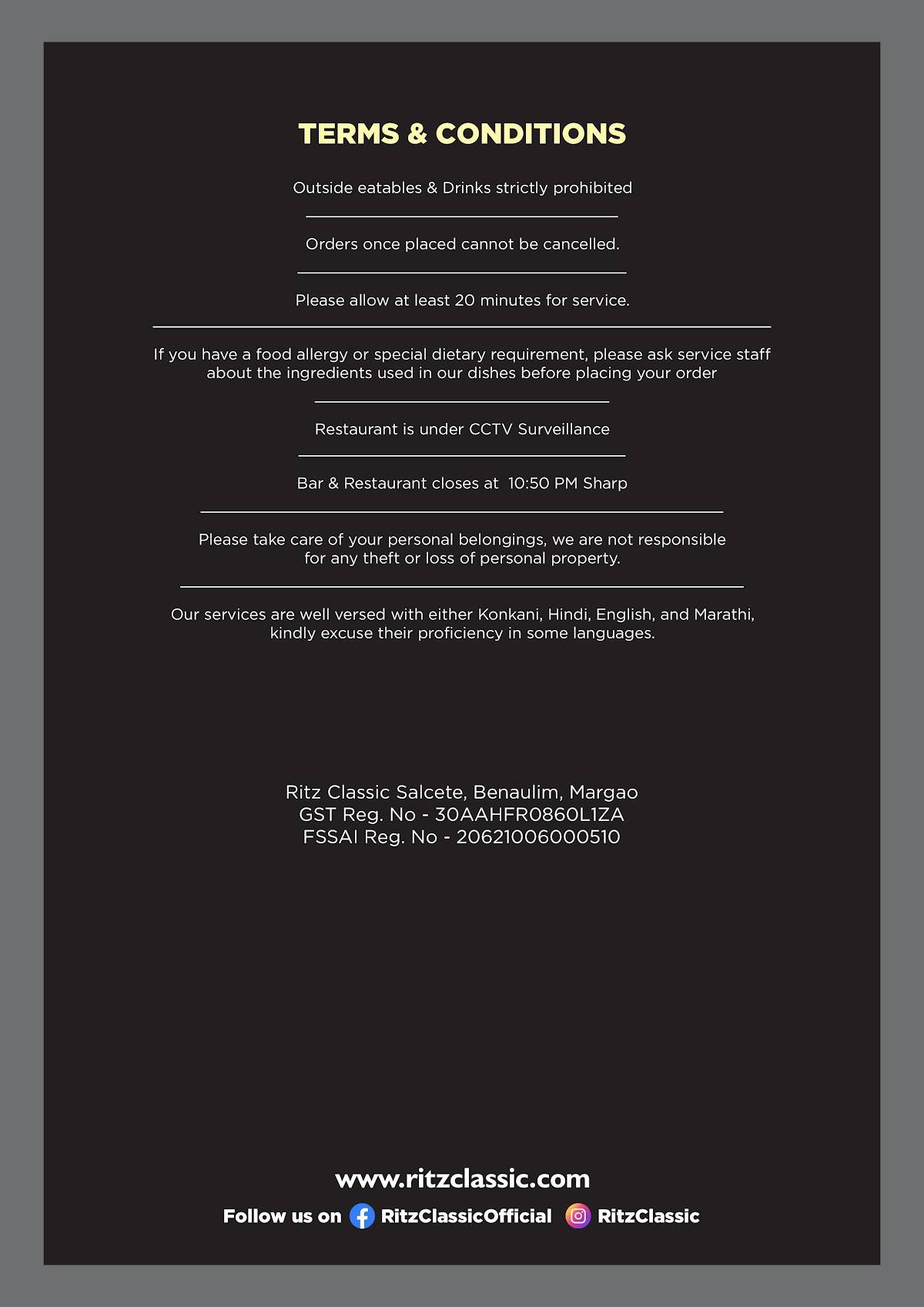 Menu at Ritz Classic Margao, Margao