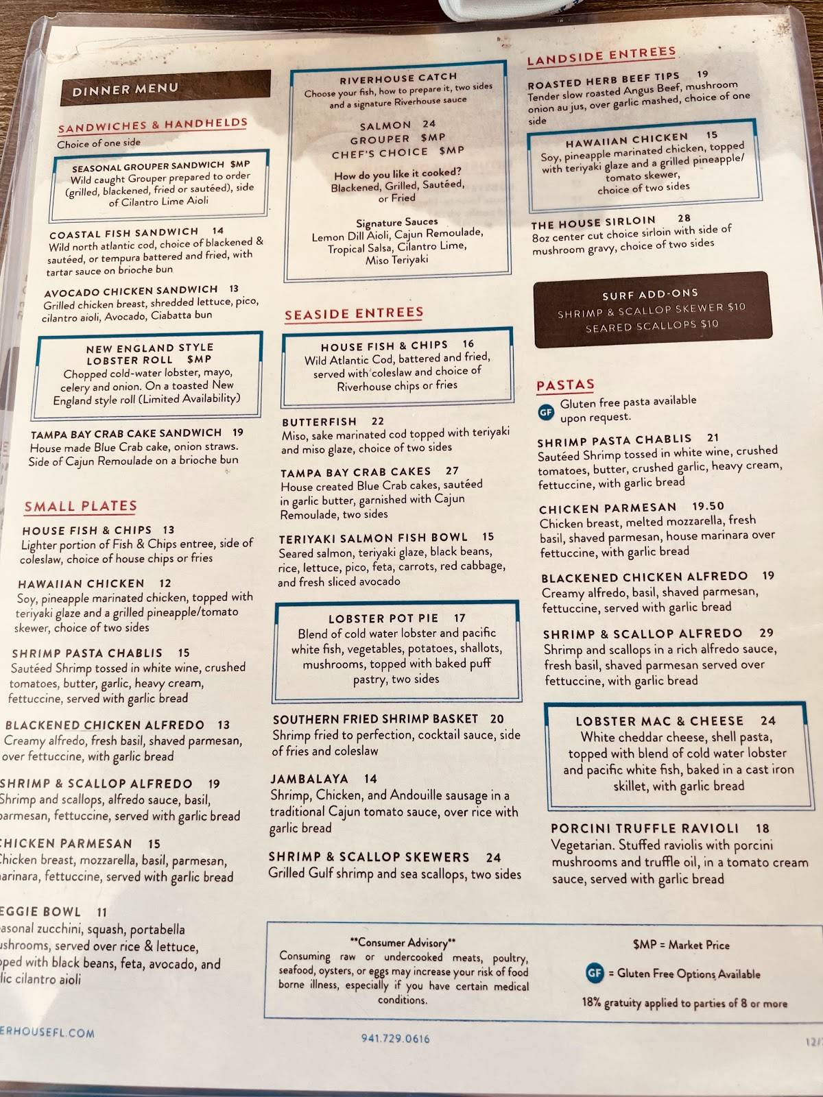 Menu at Riverhouse Waterfront Restaurant, Palmetto