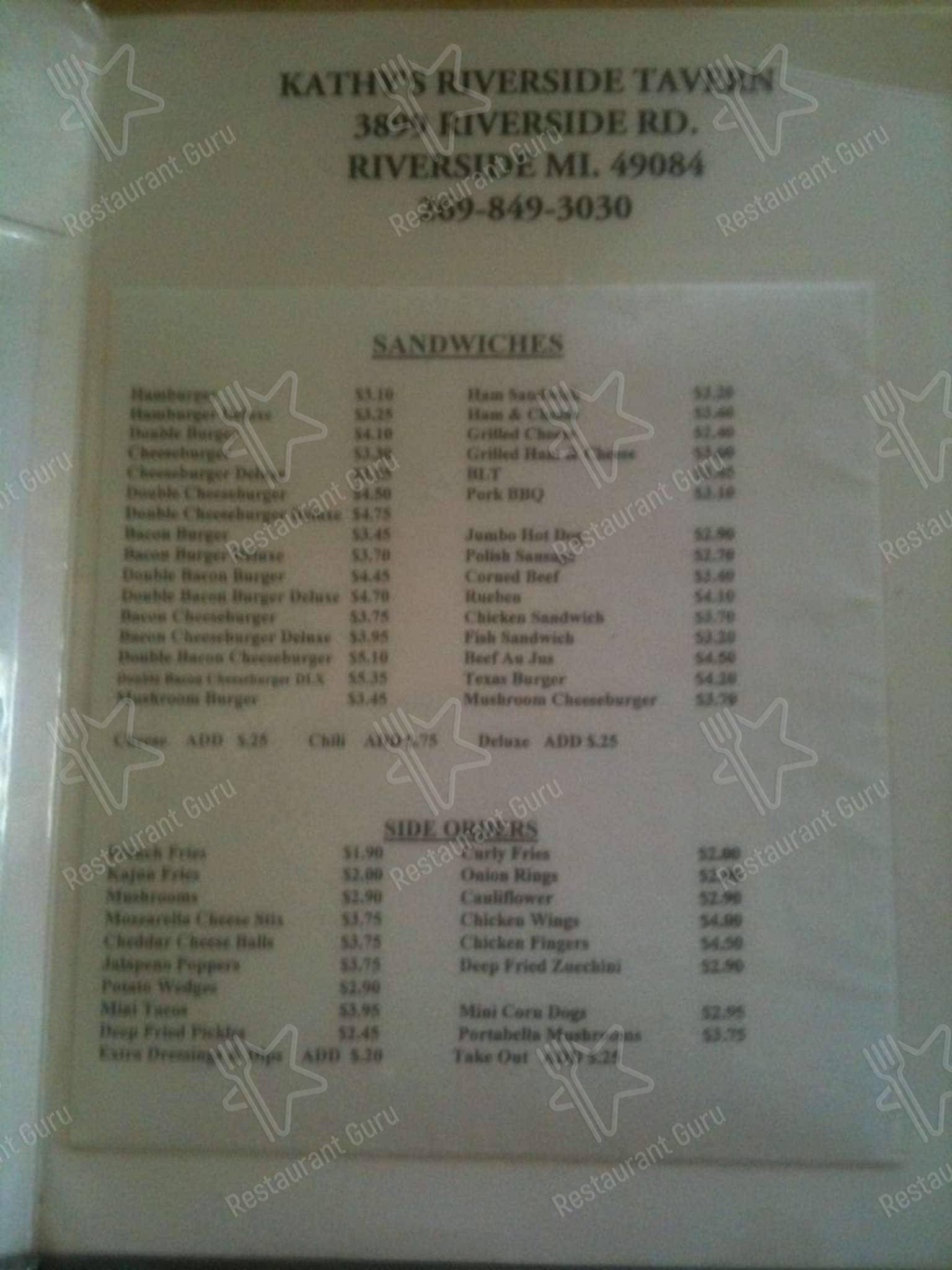 Menu at Riverside Tavern pub & bar, Riverside, Riverside Rd