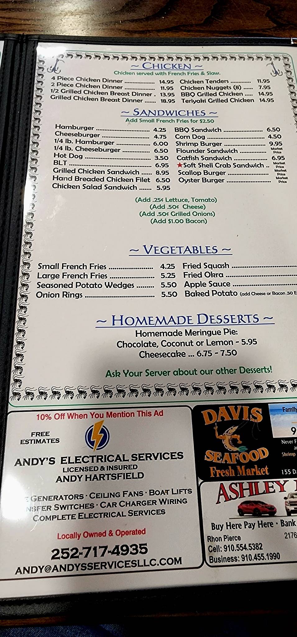 Menu at Riverview Cafe, Sneads Ferry