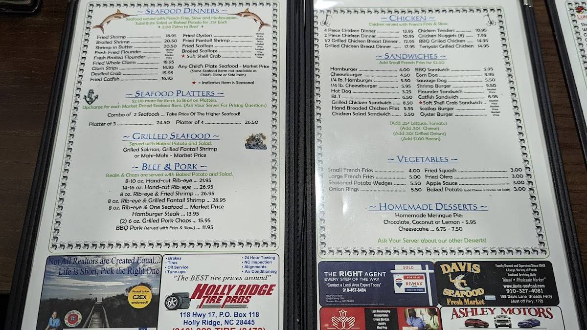 Menu at Riverview Cafe, Sneads Ferry