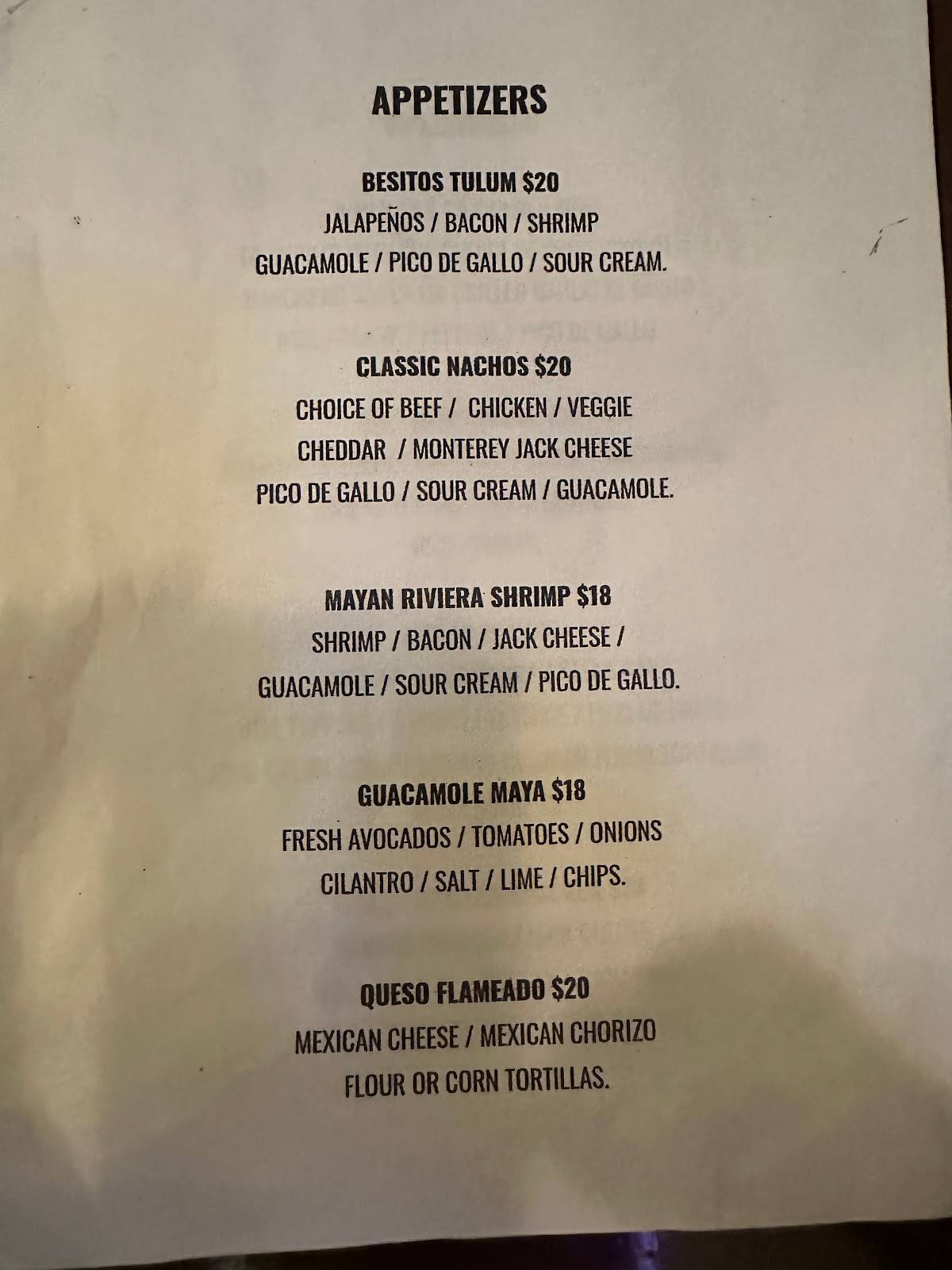 Menu at Riviera Maya Bar and Grill MEXICAN-MAYAN CUISINE, Leamington