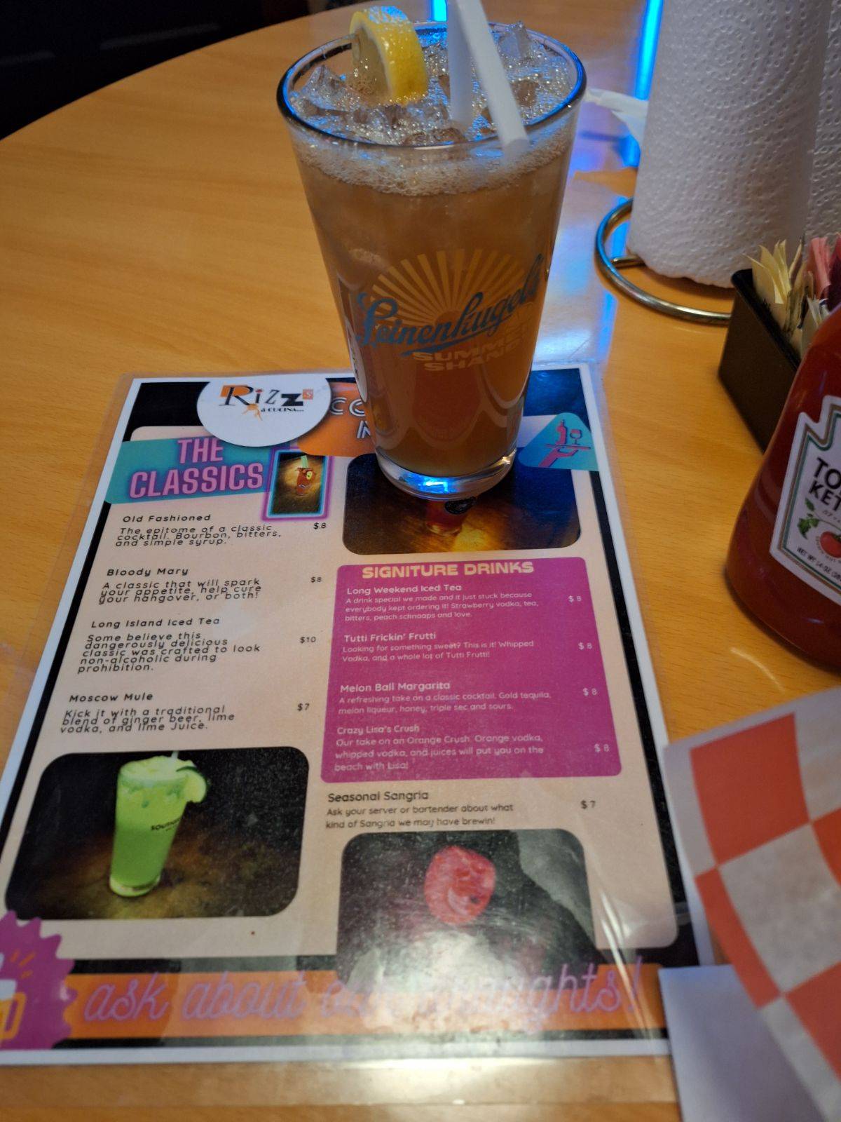 Menu at Rizz's restaurant, Uniontown