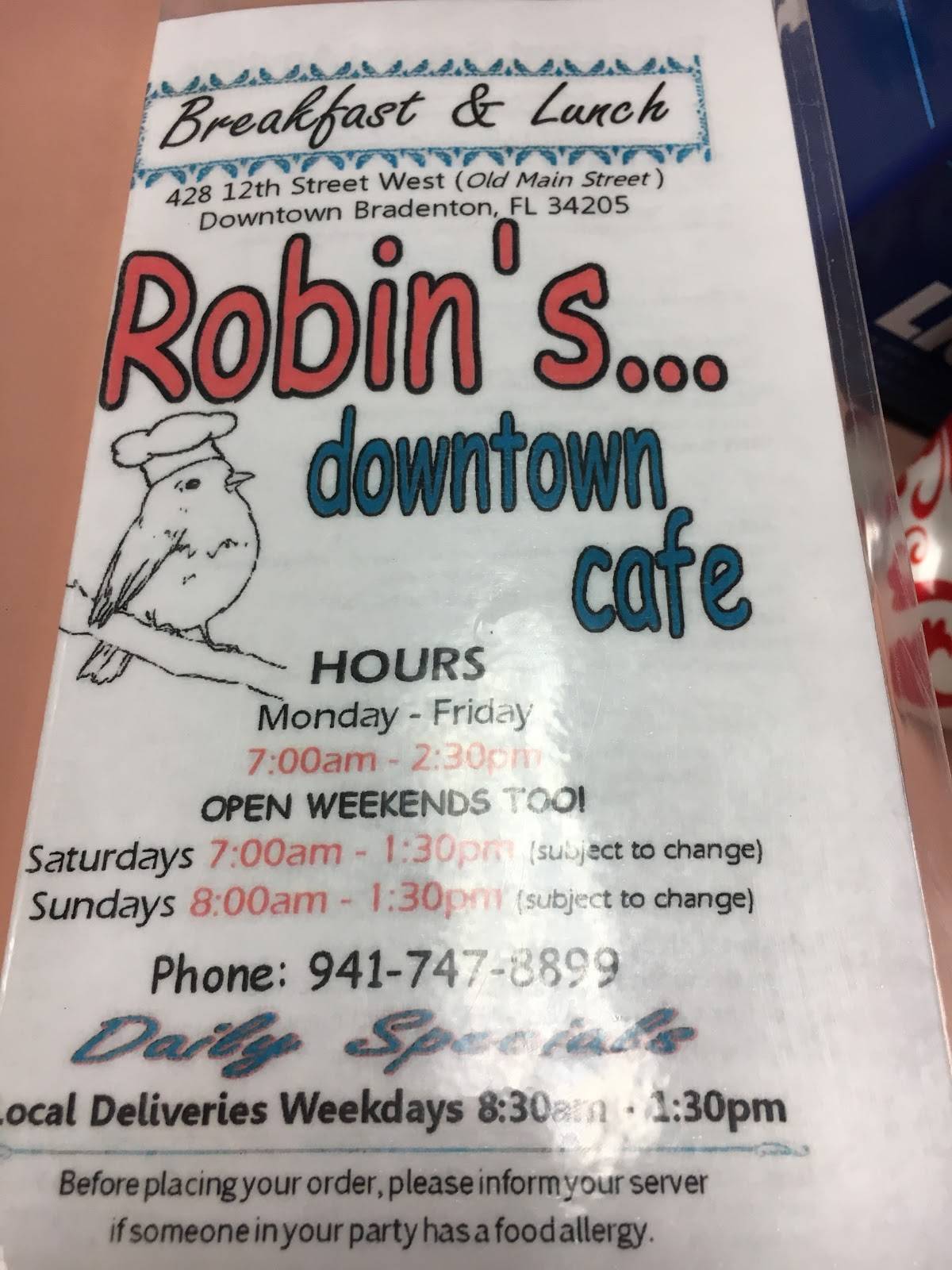 Menu at Robin's Downtown Cafe, Bradenton