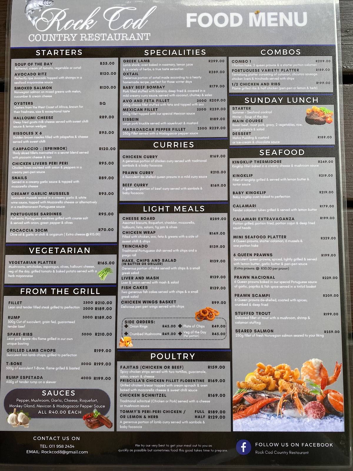 Menu at Rock Cod Country Restaurant, Roodepoort