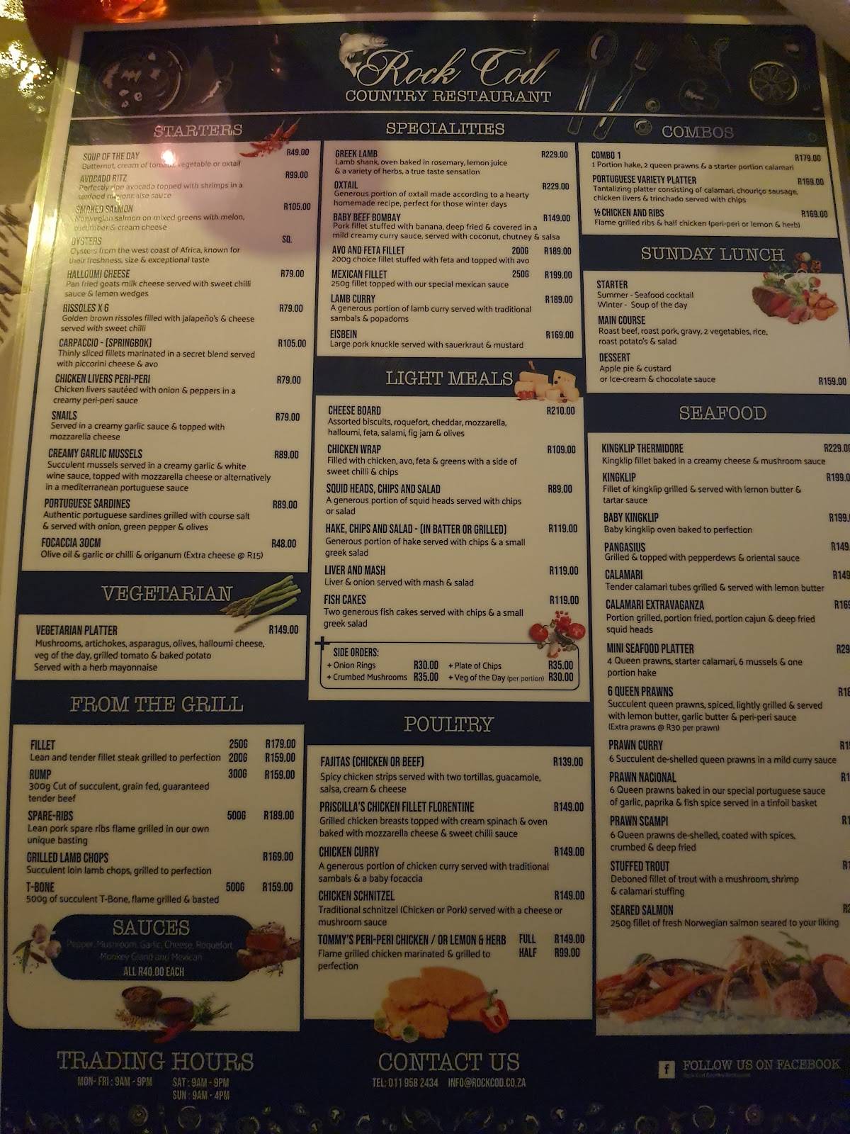 Menu at Rock Cod Country Restaurant, Roodepoort