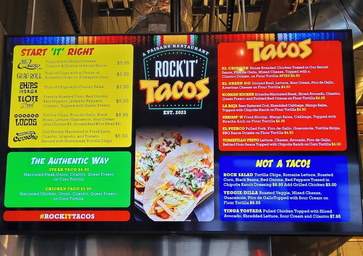 Menu at Rock IT Tacos restaurant, Cicero